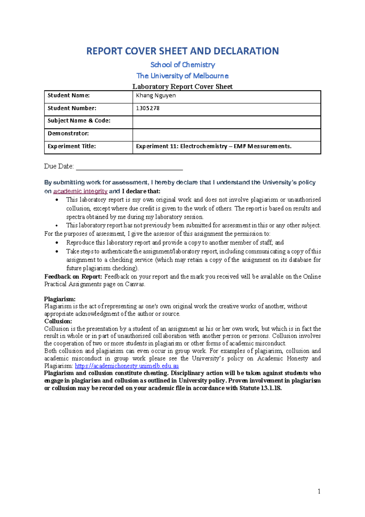 E11 Prac - 17/20 - REPORT COVER SHEET AND DECLARATION School of ...