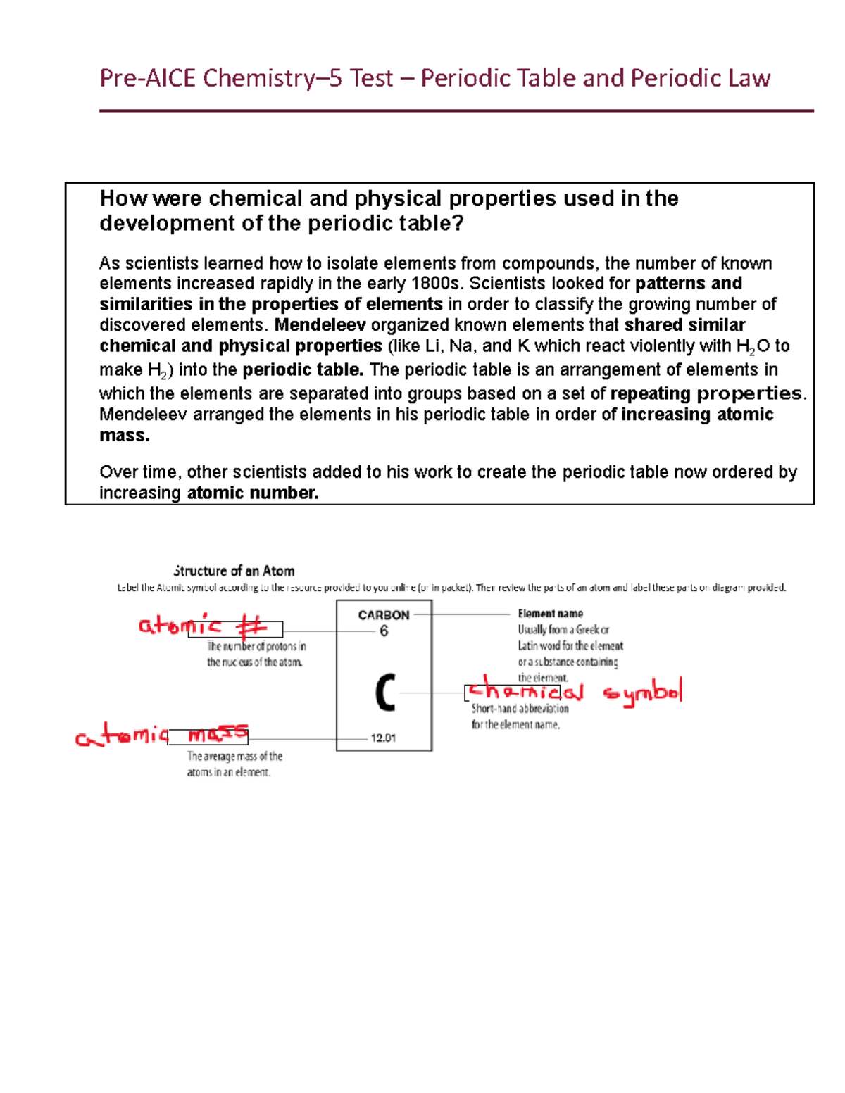 Pre-AICE Chemistry - ch 5 study guide - Periodic Table and Periodic Law ...