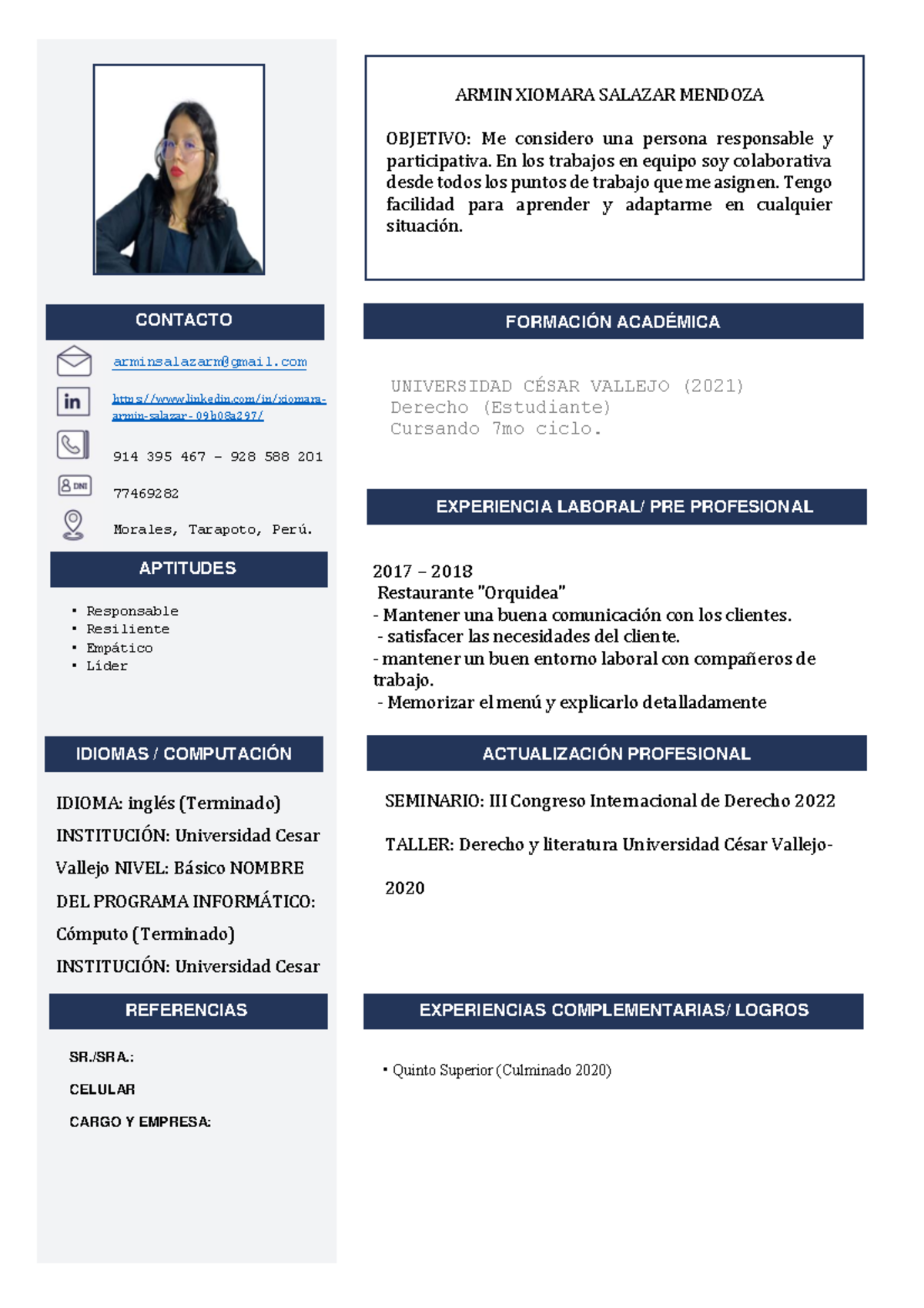Modelo CV - Xiomara - trabajo de tutoria - UNIVERSIDAD CÉSAR VALLEJO ...