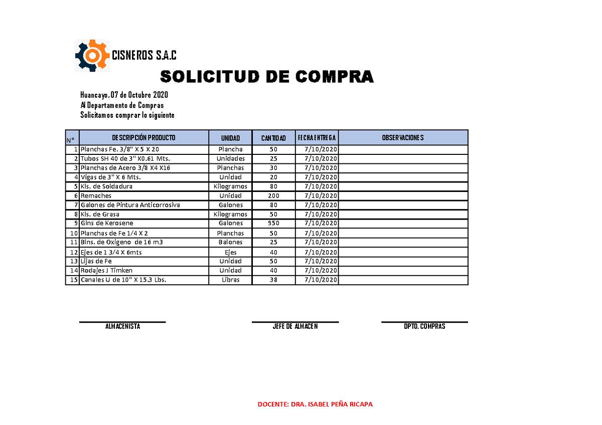 1. Solicitud DE Compra - asd - Huancayo, 07 de Octubre 2020 Al ...