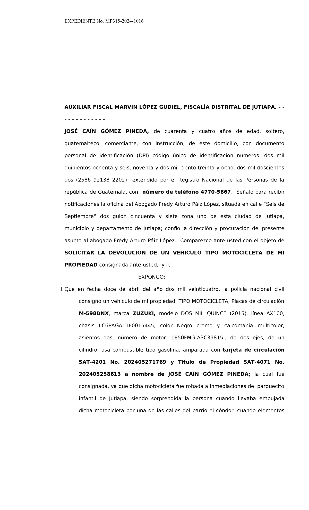 Memorial AL MP Pidiendo Devolucion DE Motocicleta - CAIN Gomez ...