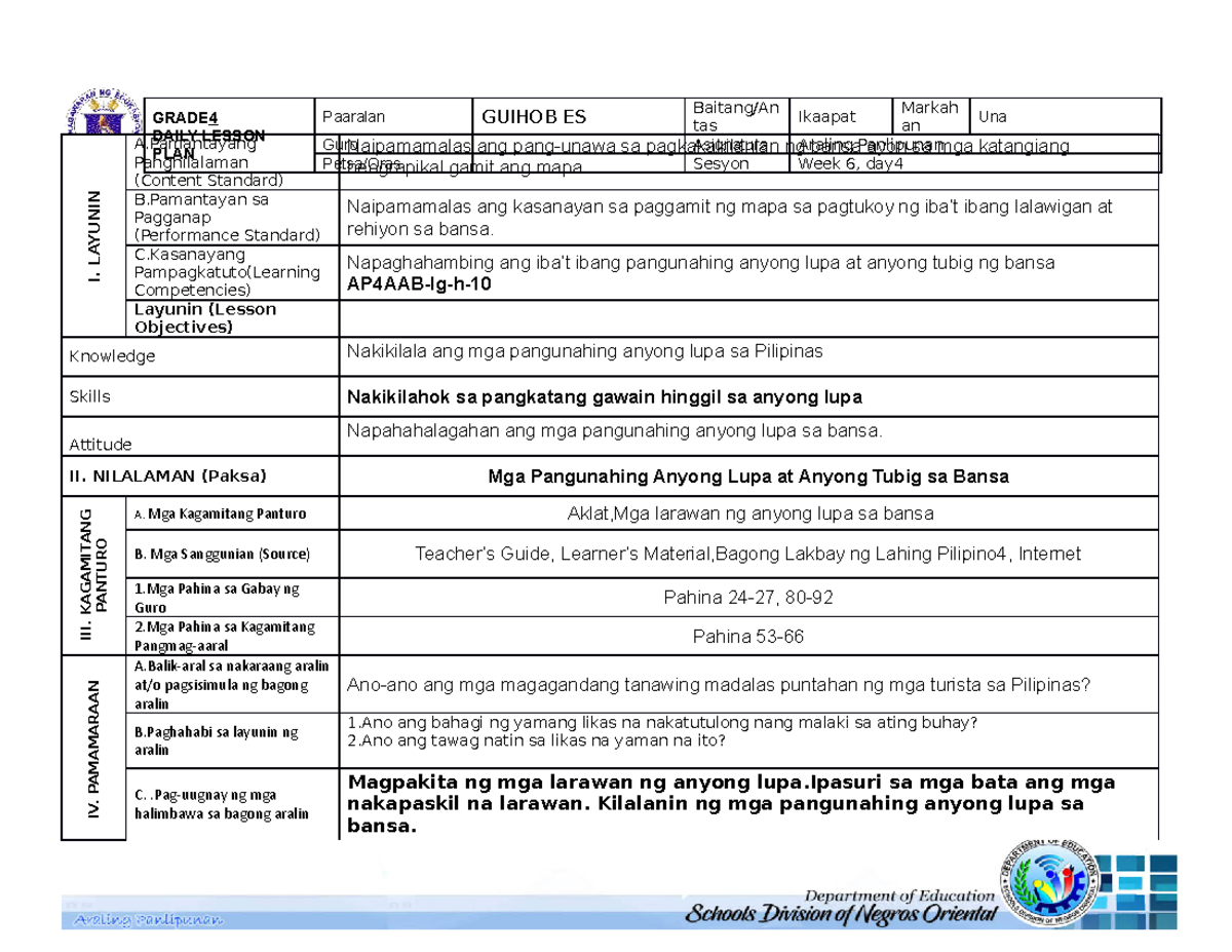 Day4 Lesson plan - I. LAYUNIN A Pangnilalaman (Content Standard ...