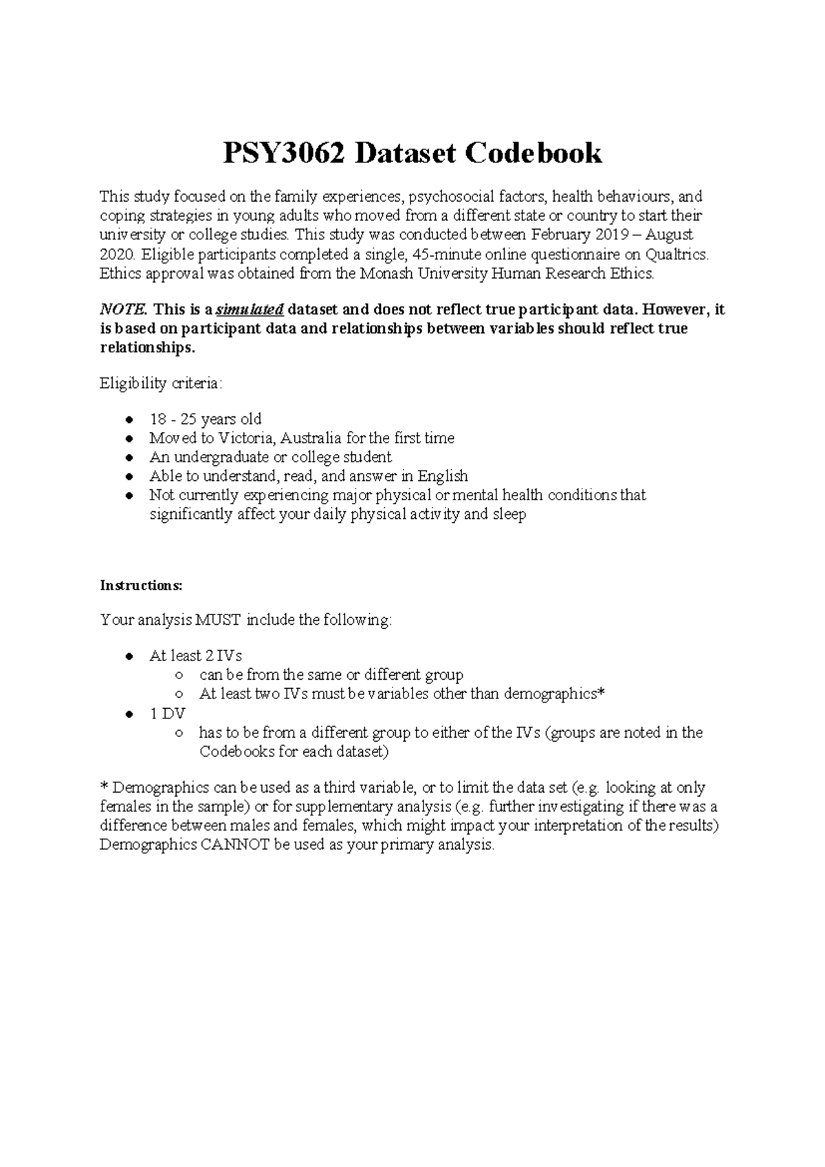 PSY3062 Dataset Codebook 2023 - PSY3062 Dataset Codebook This study ...