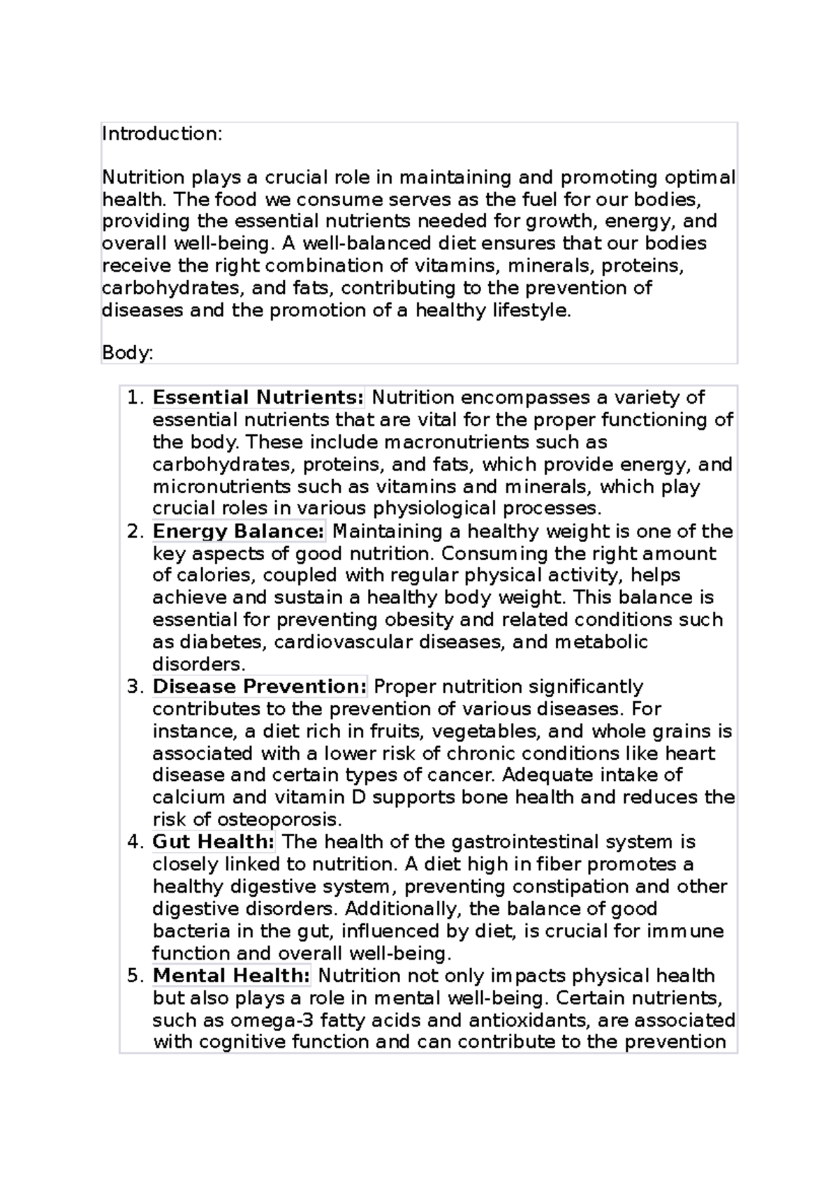 BIO 111 - the essay of nutrition - Introduction: Nutrition plays a ...