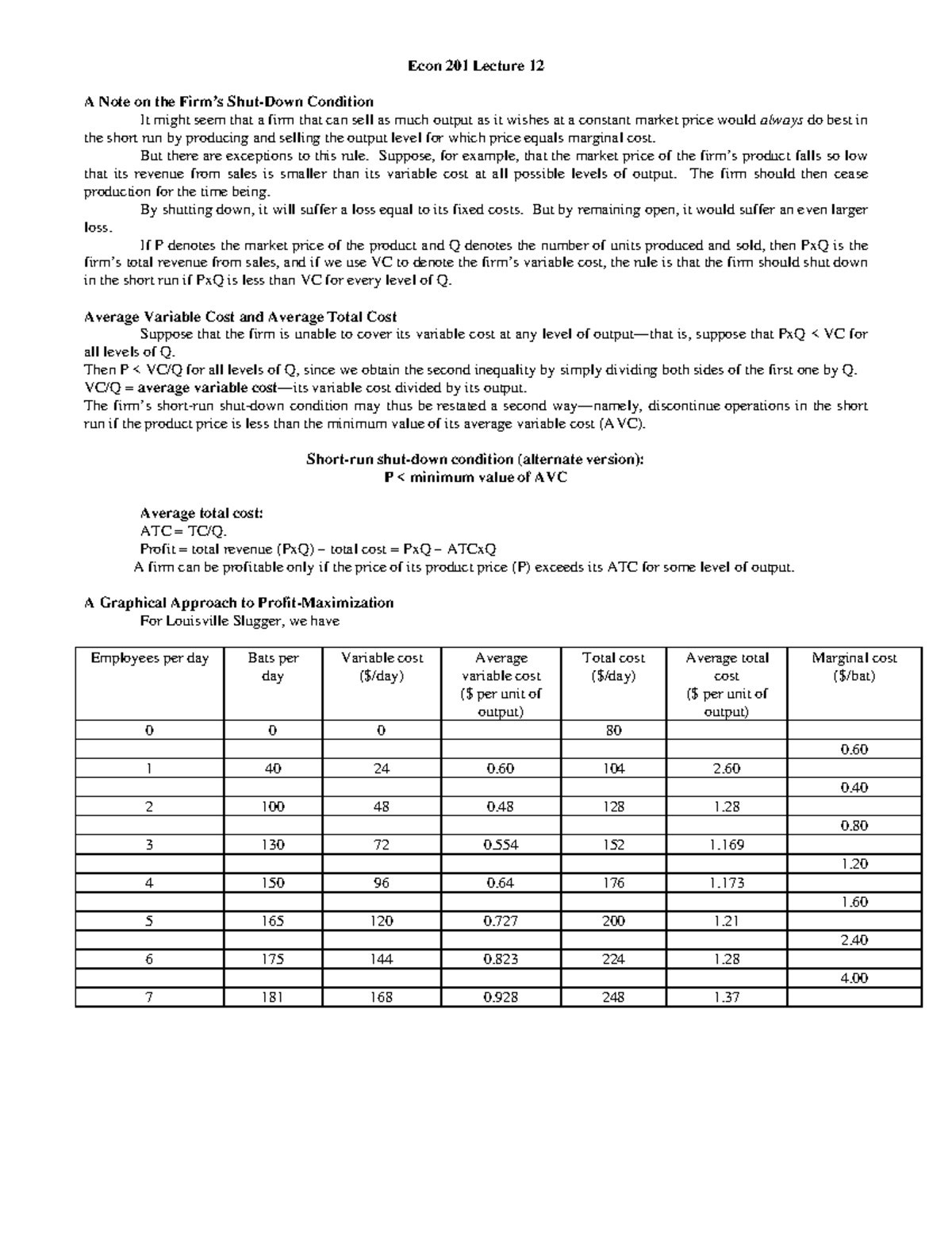 12 econ 201 - Lecture note 12 - Econ 201 Lecture 12 A Note on the Firm ...