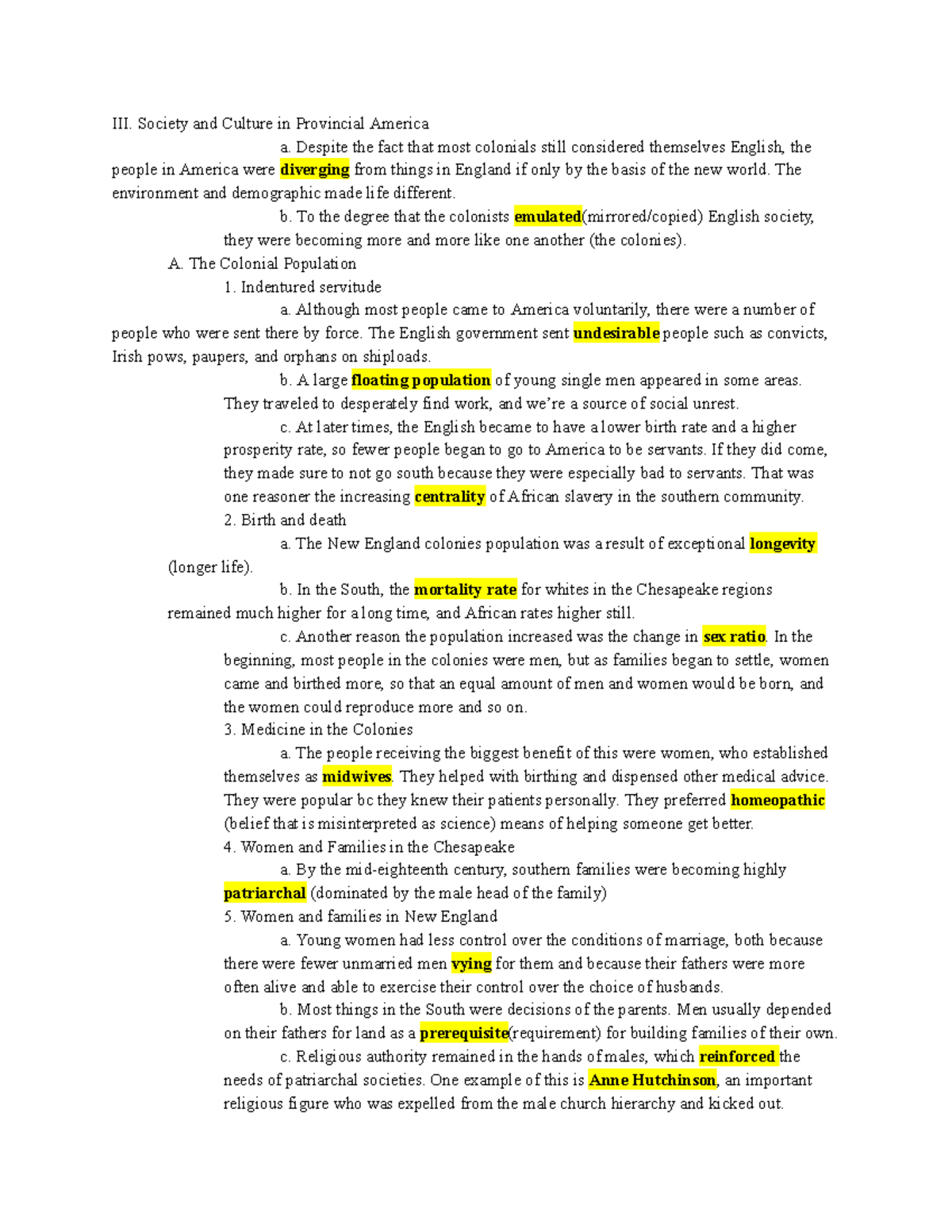 US History Notes Chapter 3 part 1 - III. Society and Culture in ...