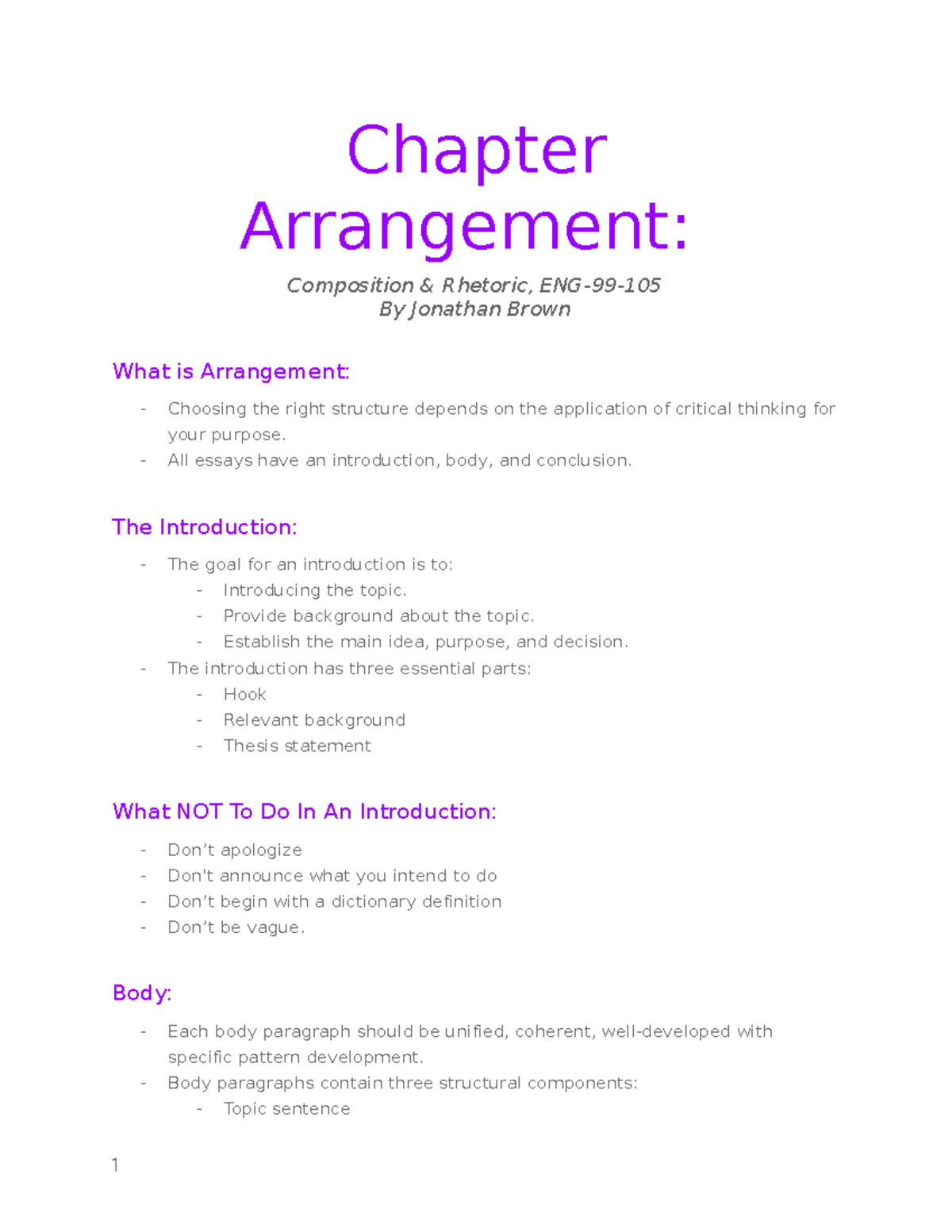 Chapter Arrangement - Chapter Arrangement: Composition & Rhetoric, ENG ...