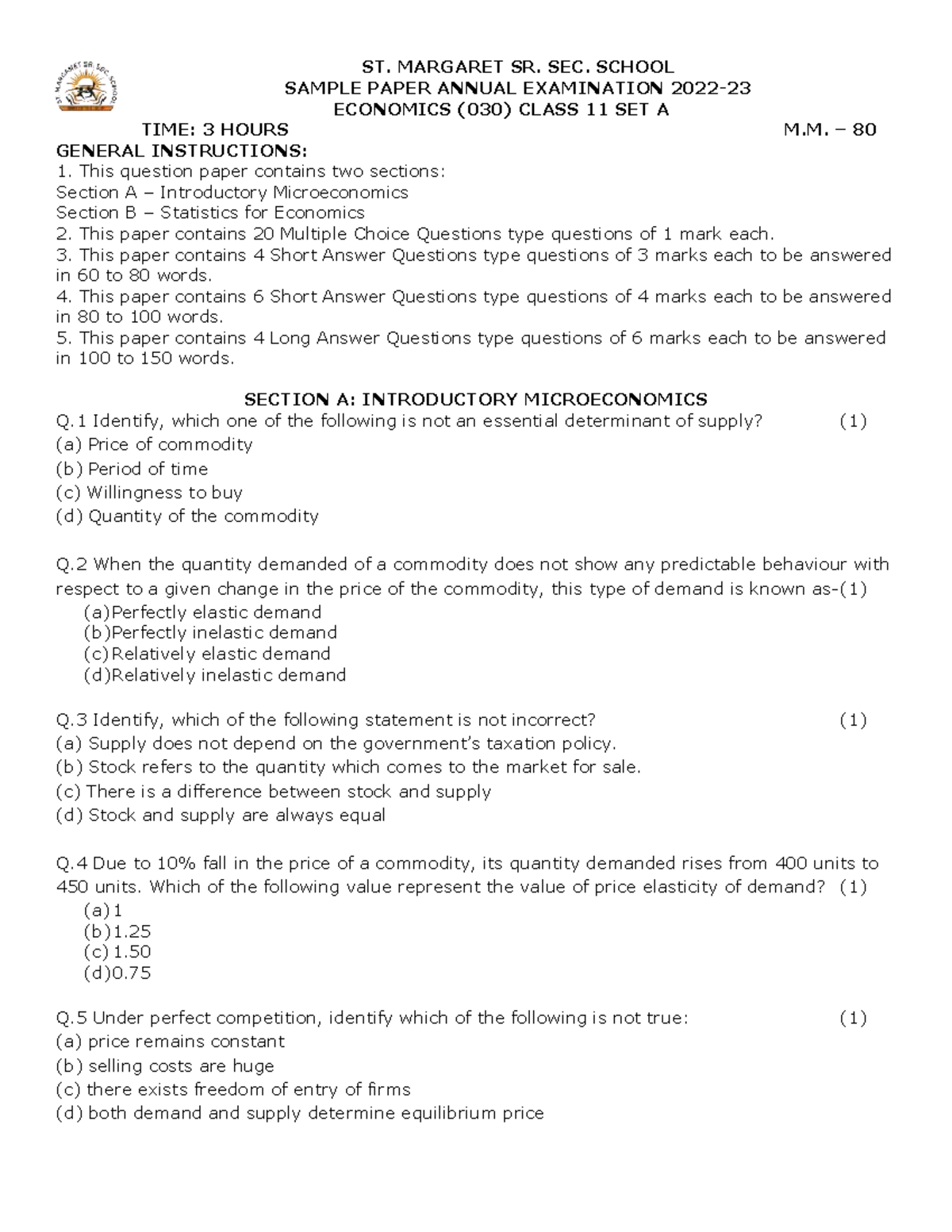Annual Examination Sample Paper XI 2023 - ST. MARGARET SR. SEC. SCHOOL ...