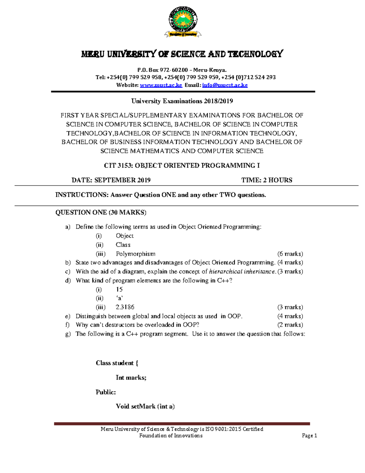 CIT 3153 Object Oriented Programming I - Meru University of Science & Technology is ISO - Studocu