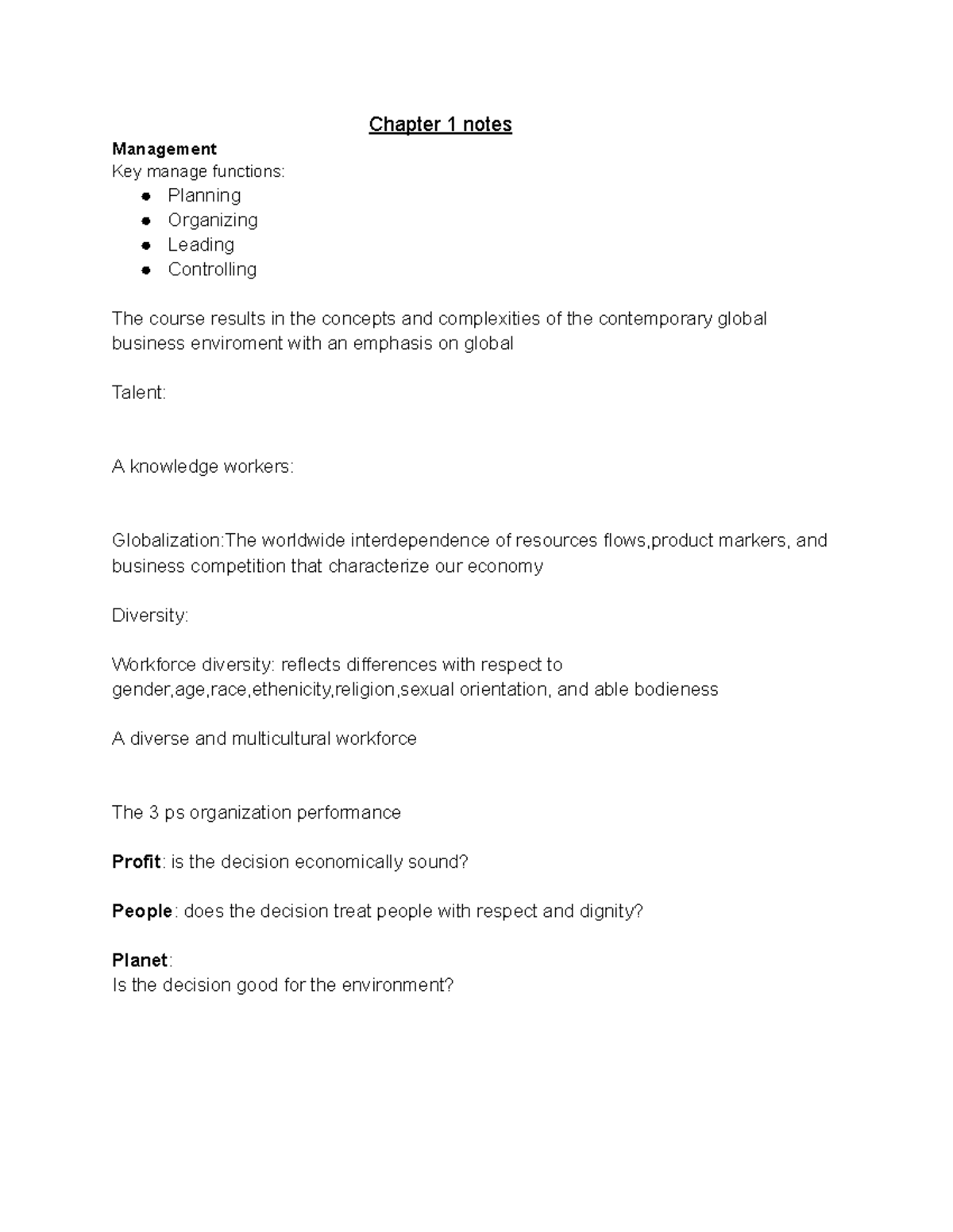 Chapter 1 - Chapter 1 notes Management Key manage functions: Planning ...