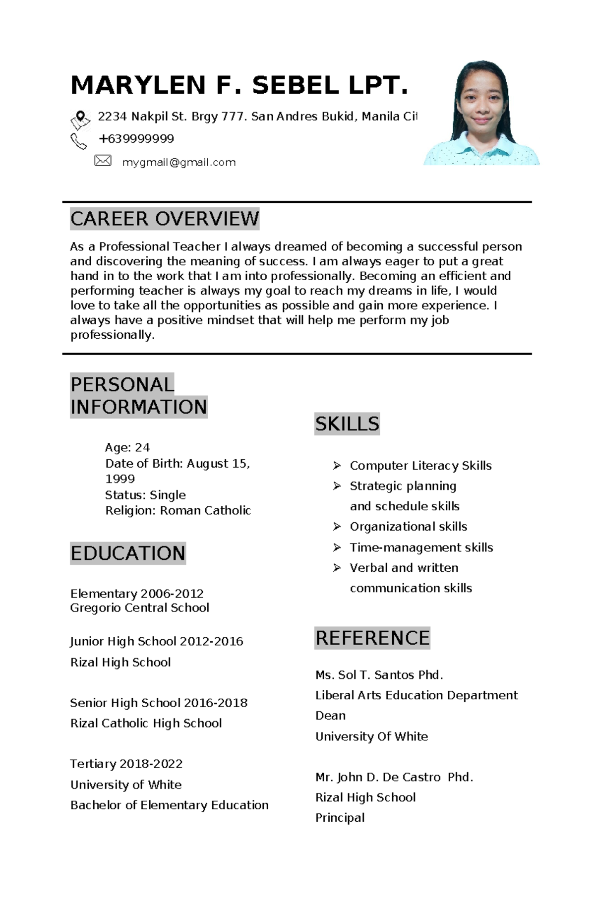 Sample Resume - MARYLEN F. SEBEL LPT. 2234 Nakpil St. Brgy 777. San ...