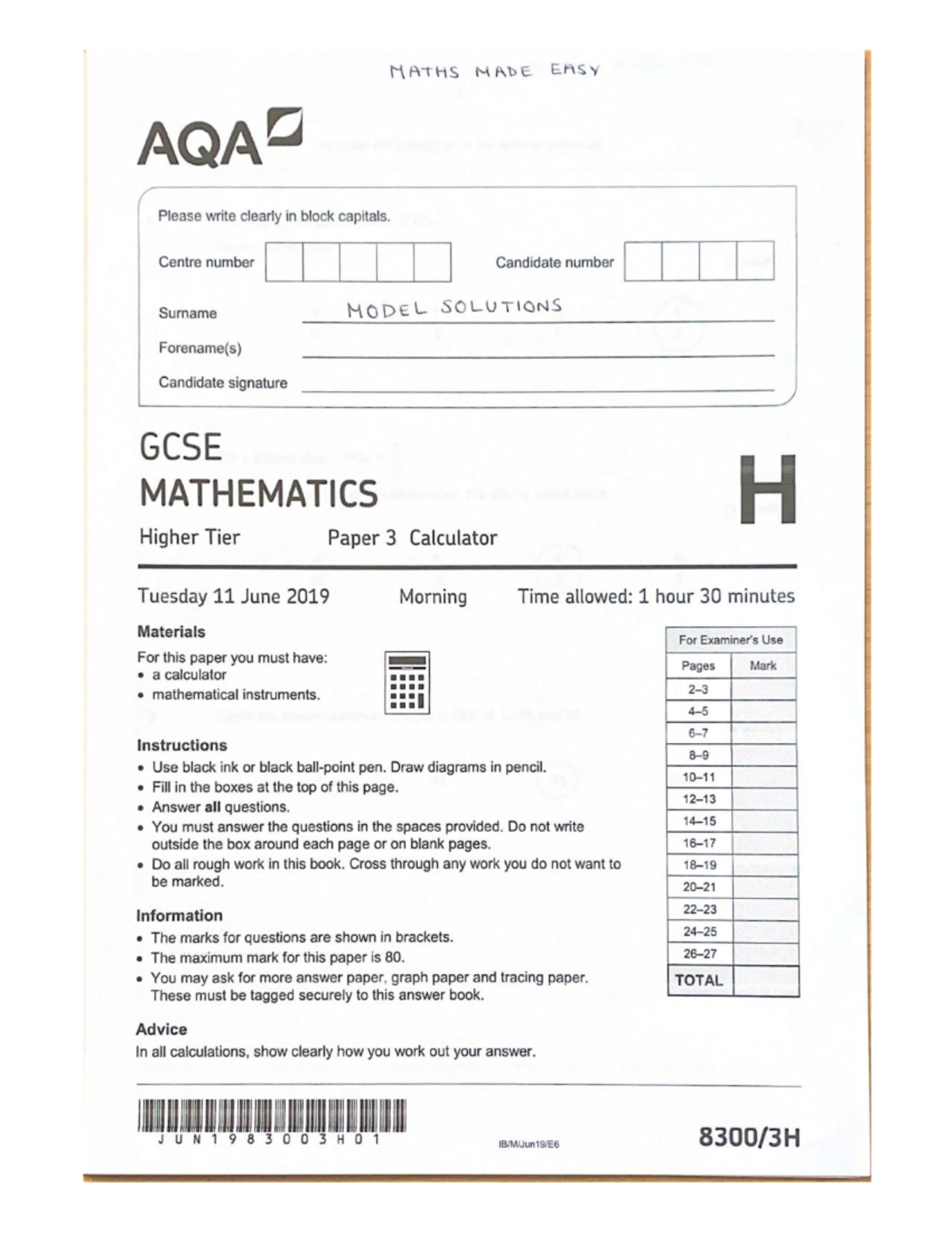 AQA GCSE Mathematics Paper H3 2019 MS - MATHS MADE EASY AQA Please ...