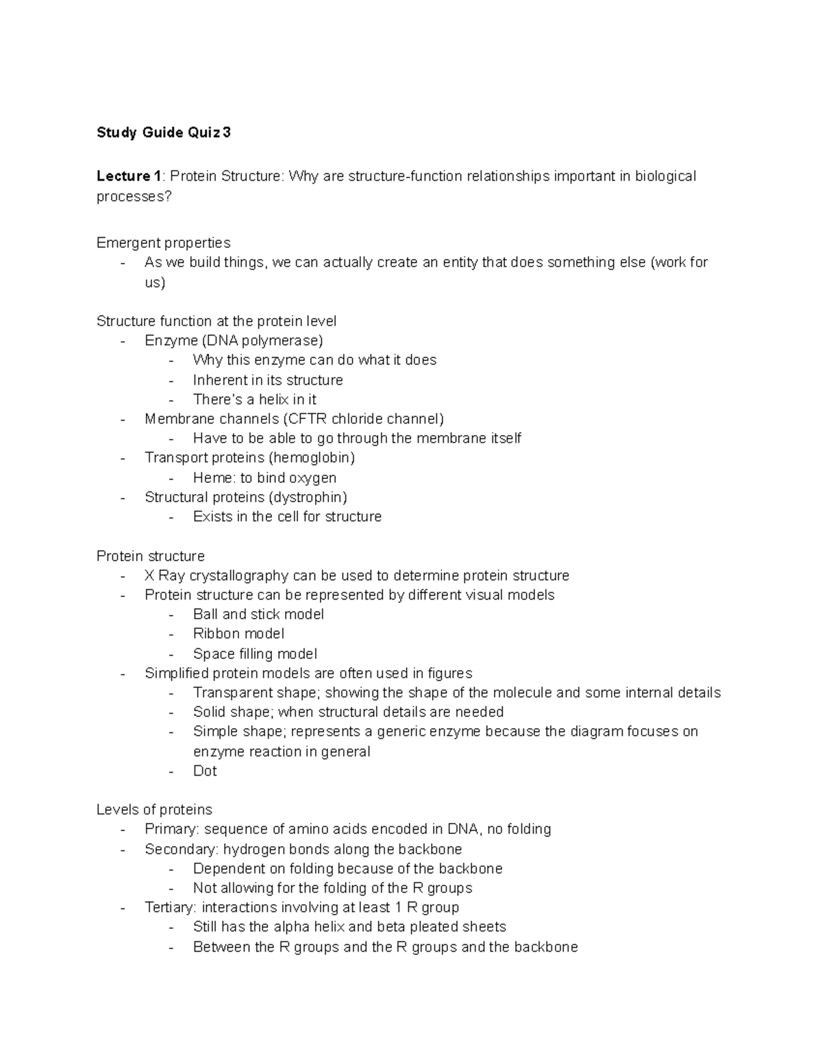 Structure and Function - Study Guide Quiz 3 Lecture 1 : Protein ...