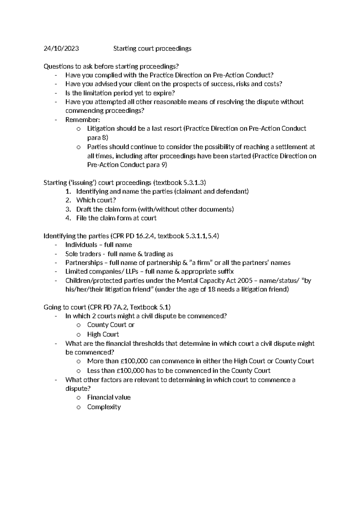 Lecture 5 - court proceedings - 24/10/2023 Starting court proceedings ...