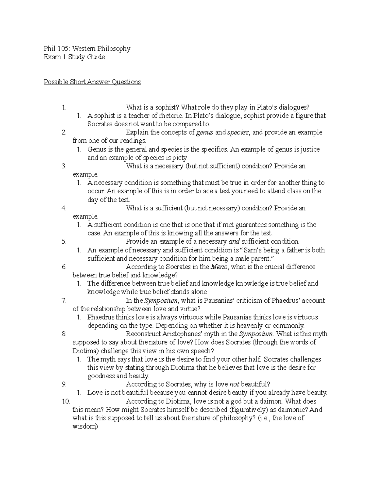 Exam One Study Guide - Phil 105 - Phil 105: Western Philosophy Exam 1 ...