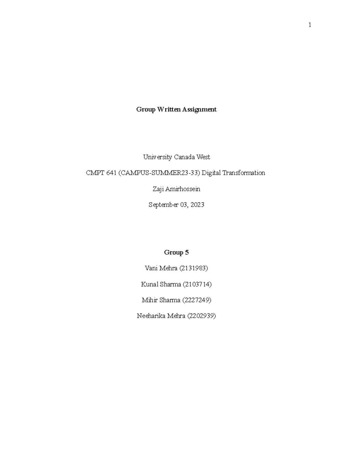 Group 5 Written Assignment - Group Written Assignment University Canada ...