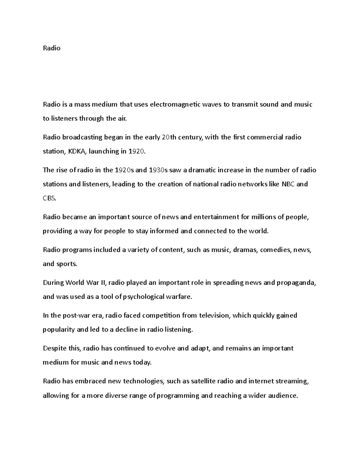 Radio media notes - Radio Radio is a mass medium that uses ...