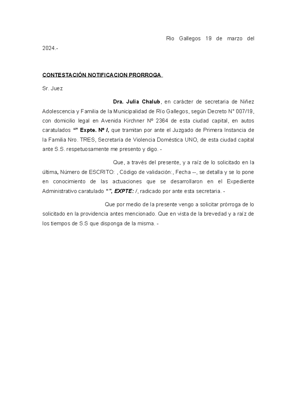 Modelo de prorroga - Rio Gallegos 19 de marzo del 2024.- CONTESTACIÓN ...