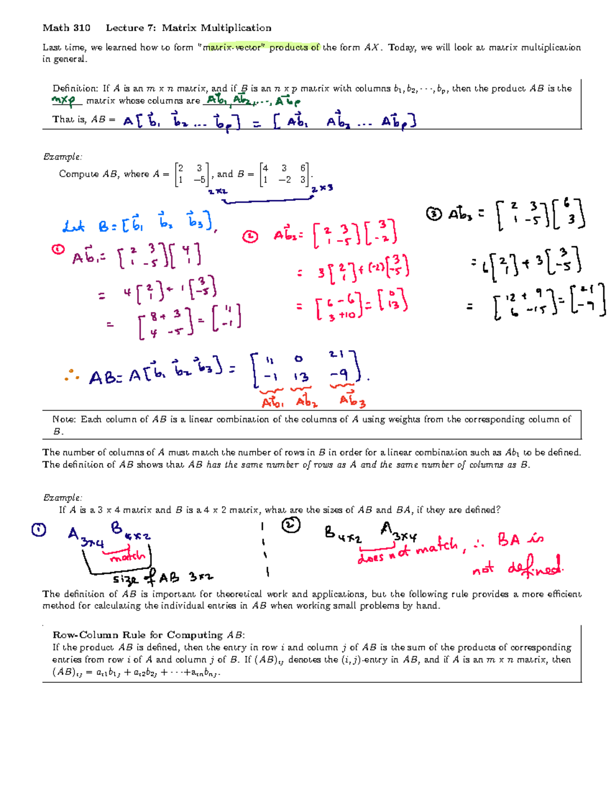 Math 310 Lecture 7 Solution - Math 310 Lecture 7: Matrix Multiplication ...