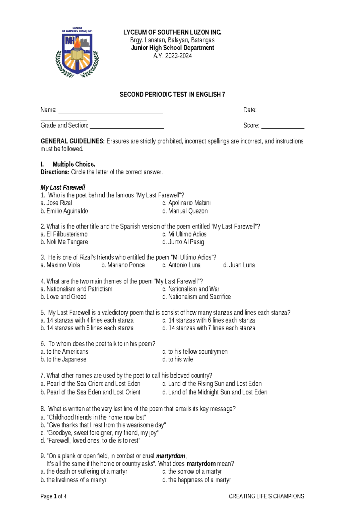 2023-2024 English 7 Second Monthly Test - LYCEUM OF SOUTHERN LUZON INC ...