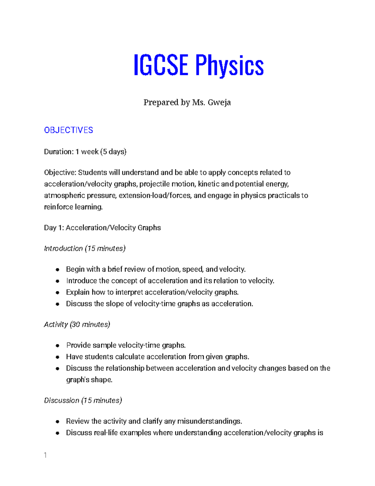 Lesson plan Physics Igcse 0625 - IGCSE Physics Prepared by Ms. Gweja ...