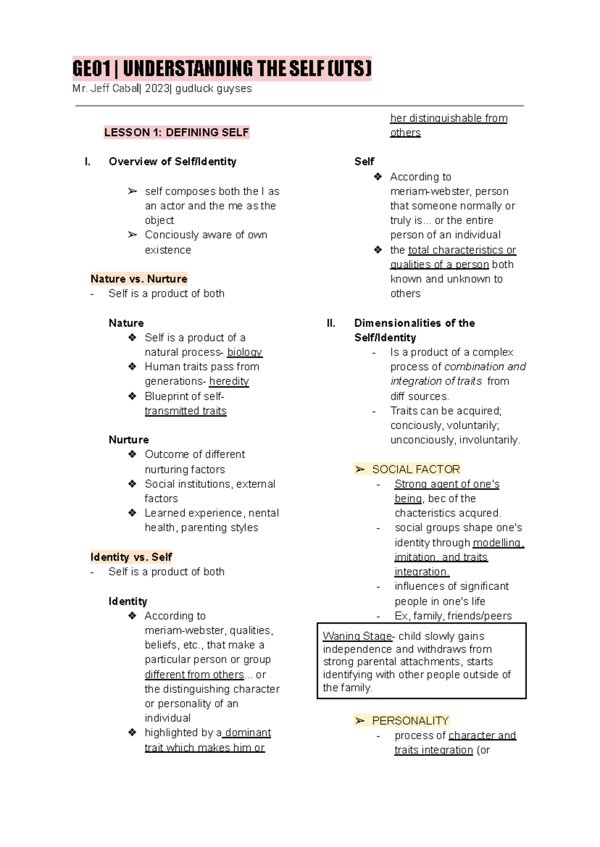 UTS- undertanding self. summary module 1-8 - Mr. Jeff Cabal| 2023| gudluck guyses LESSON 1 ...