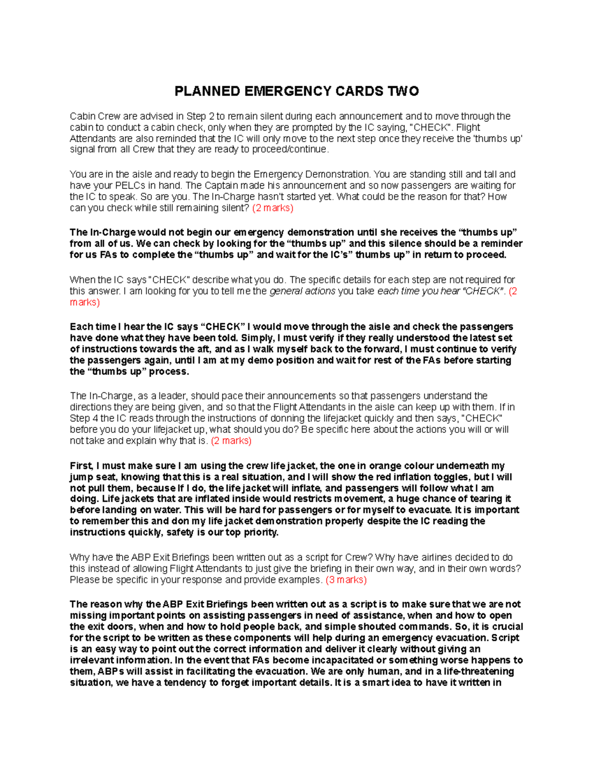 Emergency Cards Assignment - PLANNED EMERGENCY CARDS TWO Cabin Crew are ...