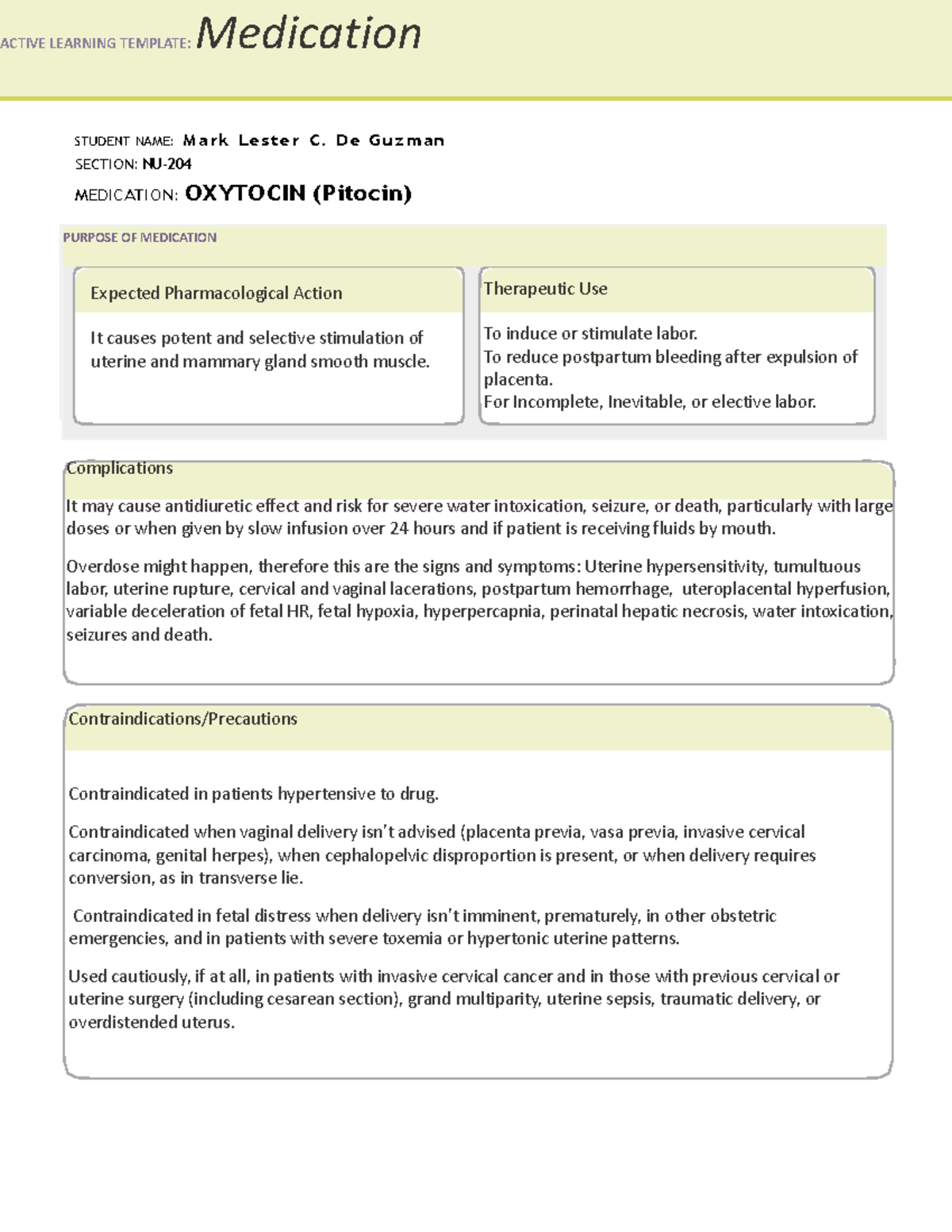 Oxytocin DRUG Study - Expected Pharmacological Action Therapeutic Use ...