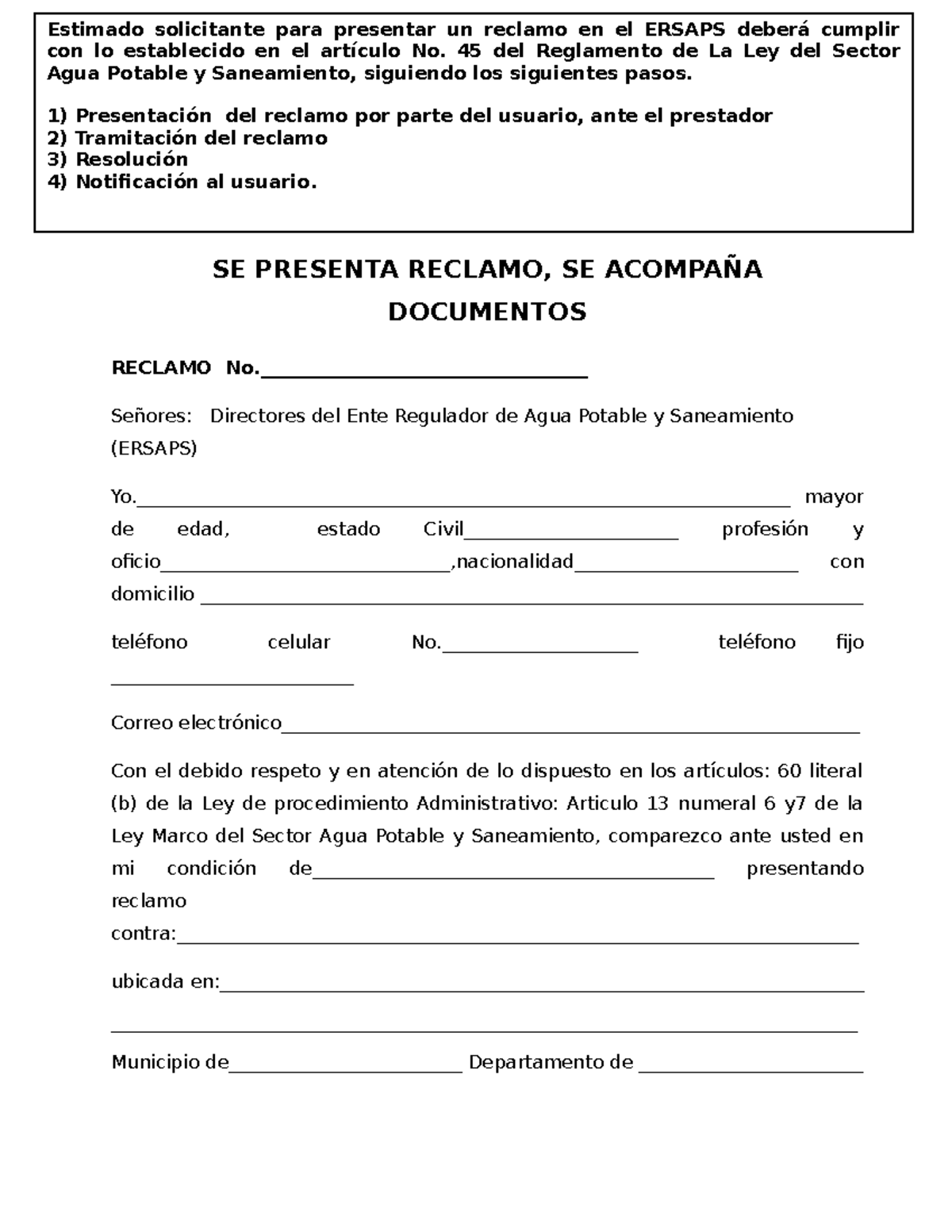F-reclamos - Formato - SE PRESENTA RECLAMO, SE ACOMPAÑA DOCUMENTOS ...