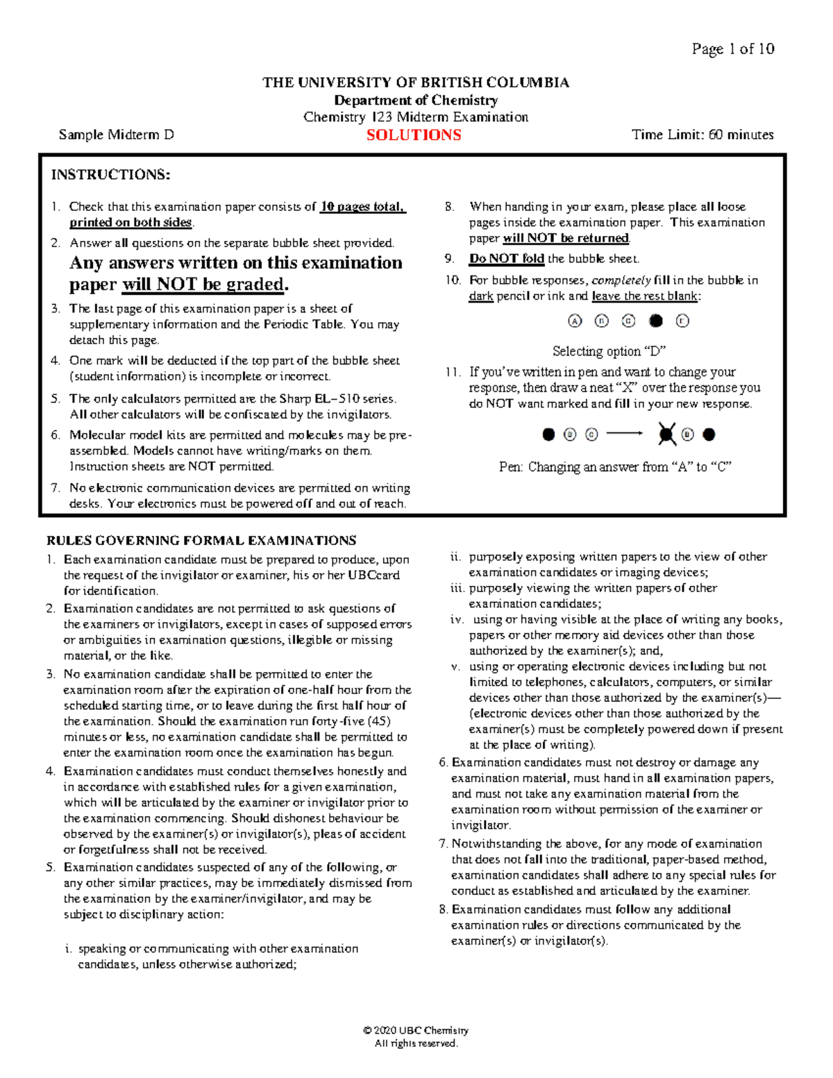 Sample Midterm D Solutions - ####### © 2020 UBC Chemistry THE UNIVERSITY OF BRITISH COLUMBIA ...
