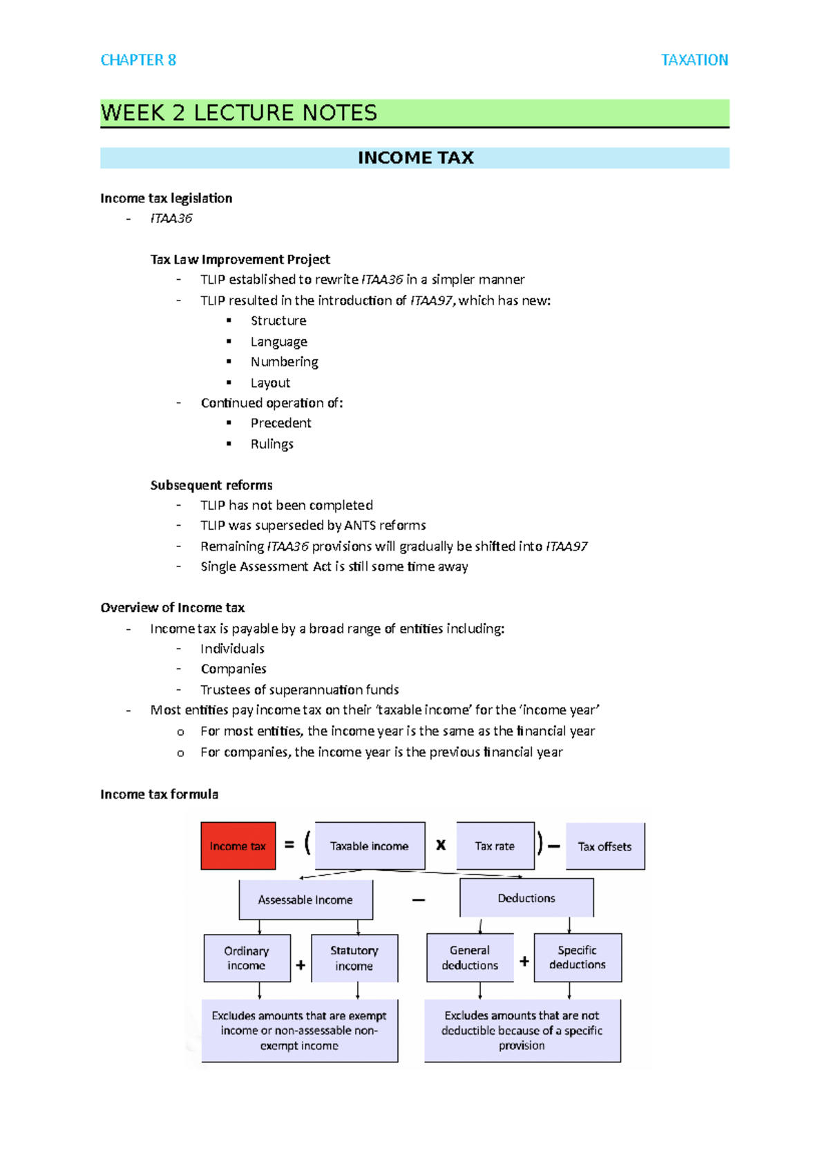 Week 2 - Notes - WEEK 2 LECTURE NOTES INCOME TAX Income tax legislation ...