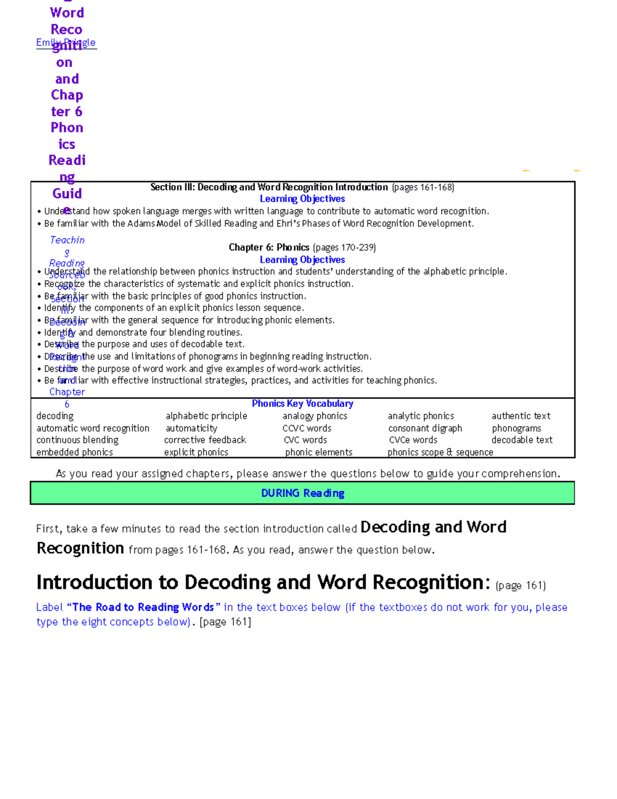 Module 3 Phonics Reading Guide - Emily Pringle Section III: Decoding and Word Recognition - Studocu
