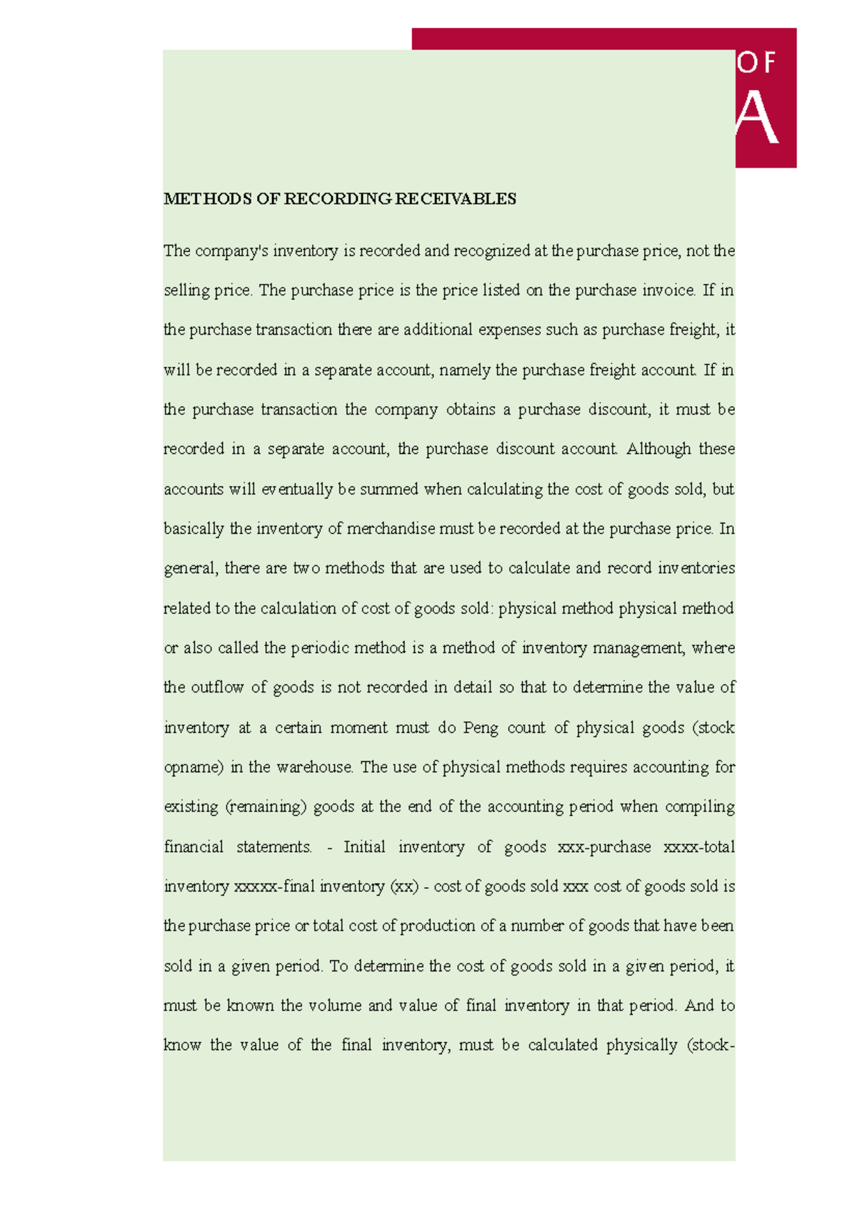 Documents Accounting - Methods OF Recording Receivables - METHODS OF ...