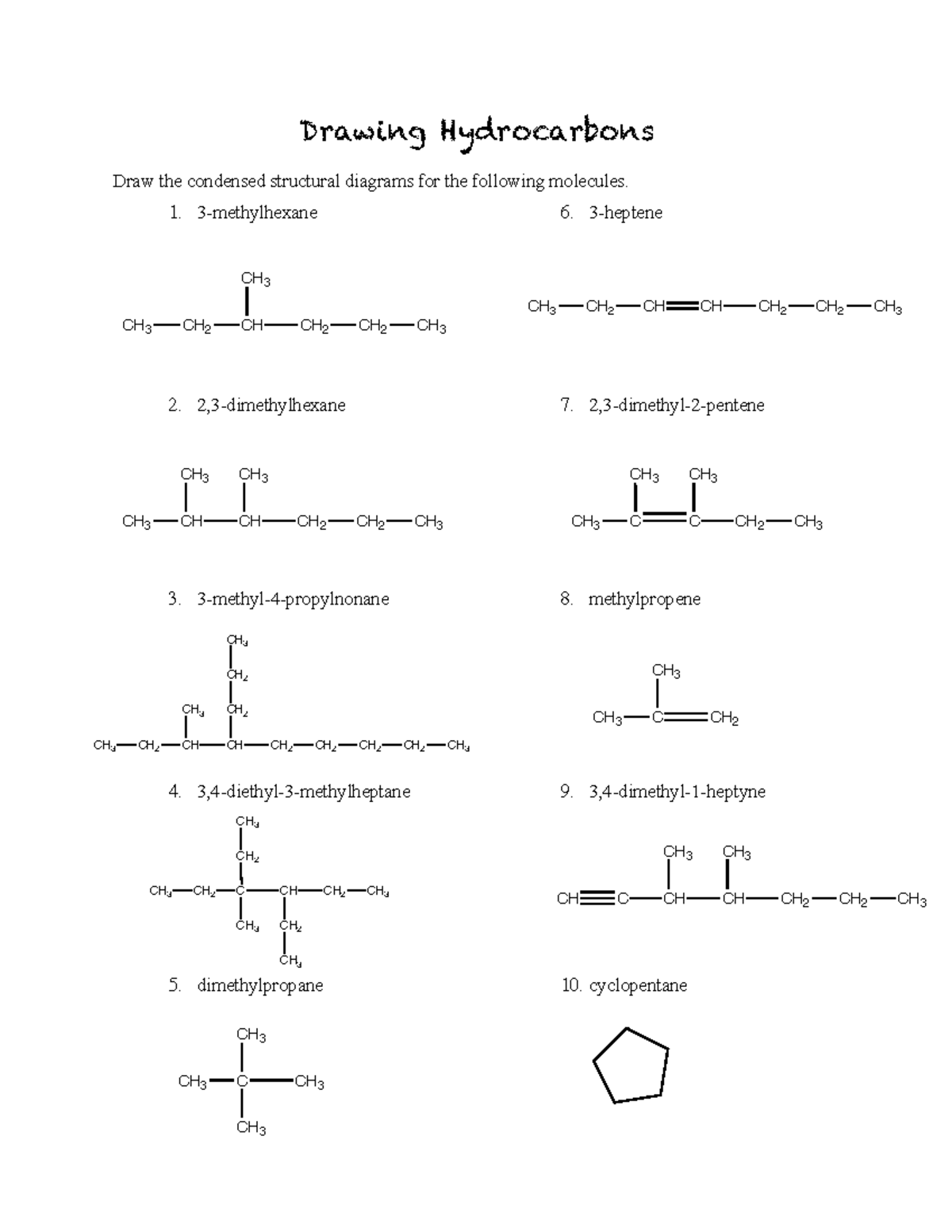 Chemistry 11 - 6-1-2 - Hydrocarbons (Key) - Drawing Hydrocarbons Draw ...