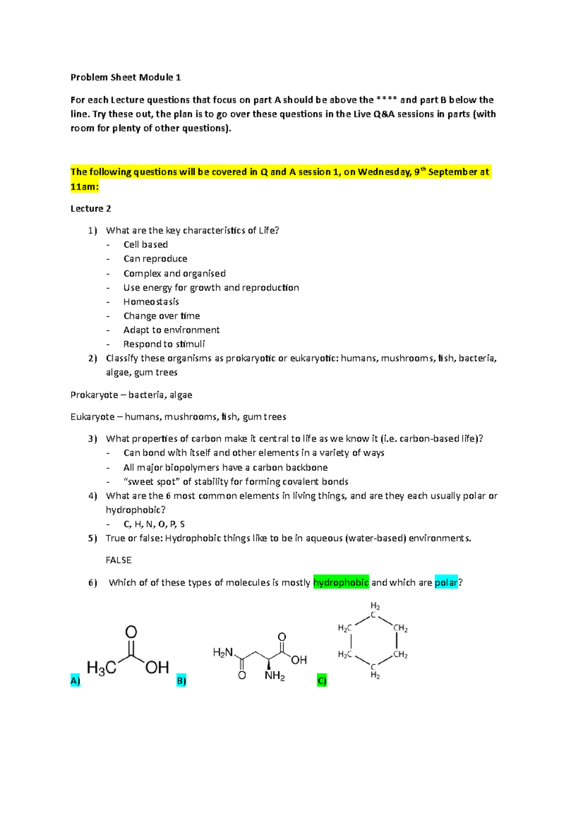 Problem Sheet BIOL1XX7 Module 1 TL - Problem Sheet Module 1 For each ...