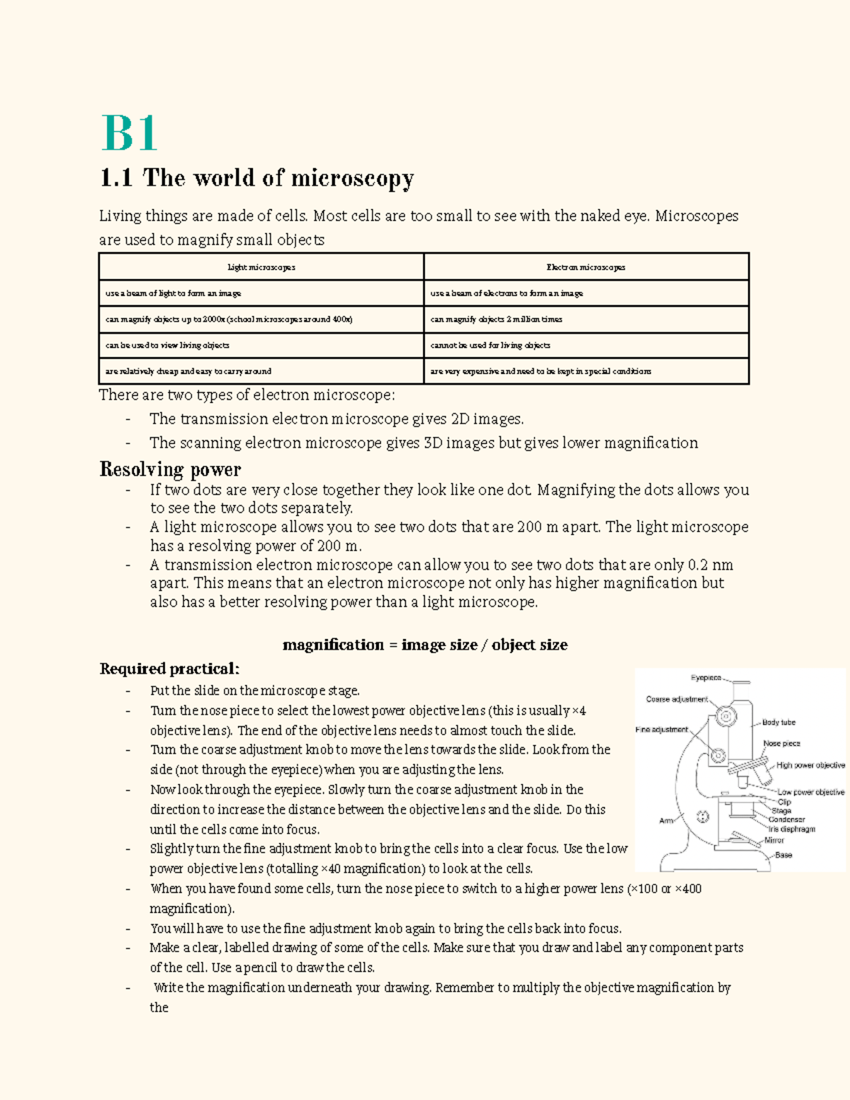 AQA GCSE B1 NOTES 2023 - B 1 The world of microscopy Living things are ...
