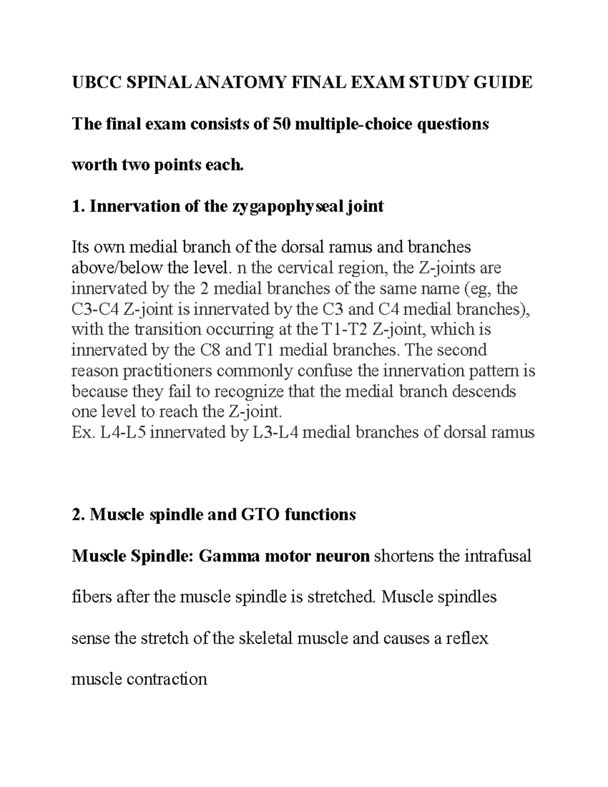 Spinal Final Exam Study Guide - UBCC SPINAL ANATOMY FINAL EXAM STUDY ...