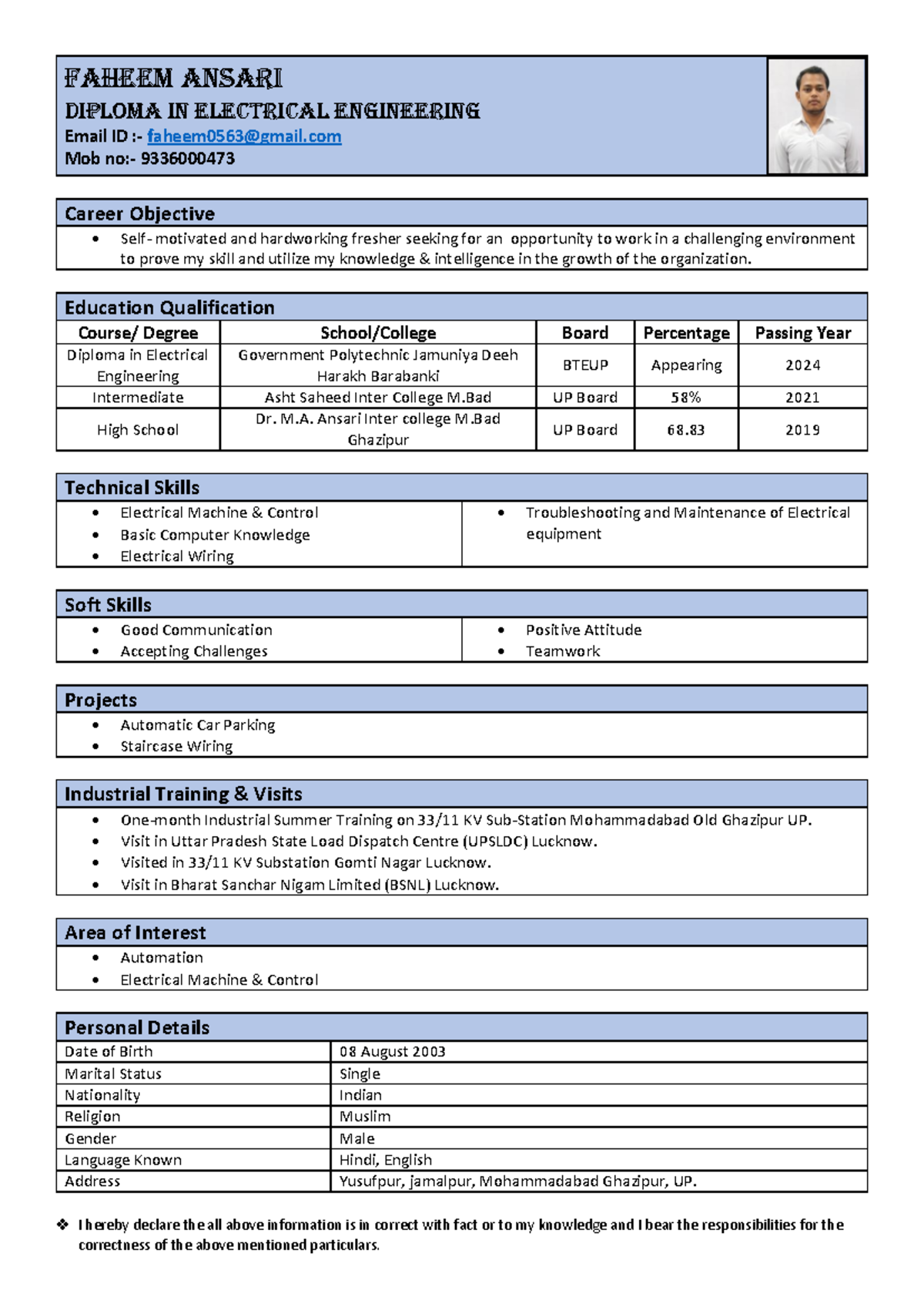 Faheem Ansari resume - Faheem Ansari Diploma in Electrical Engineering ...