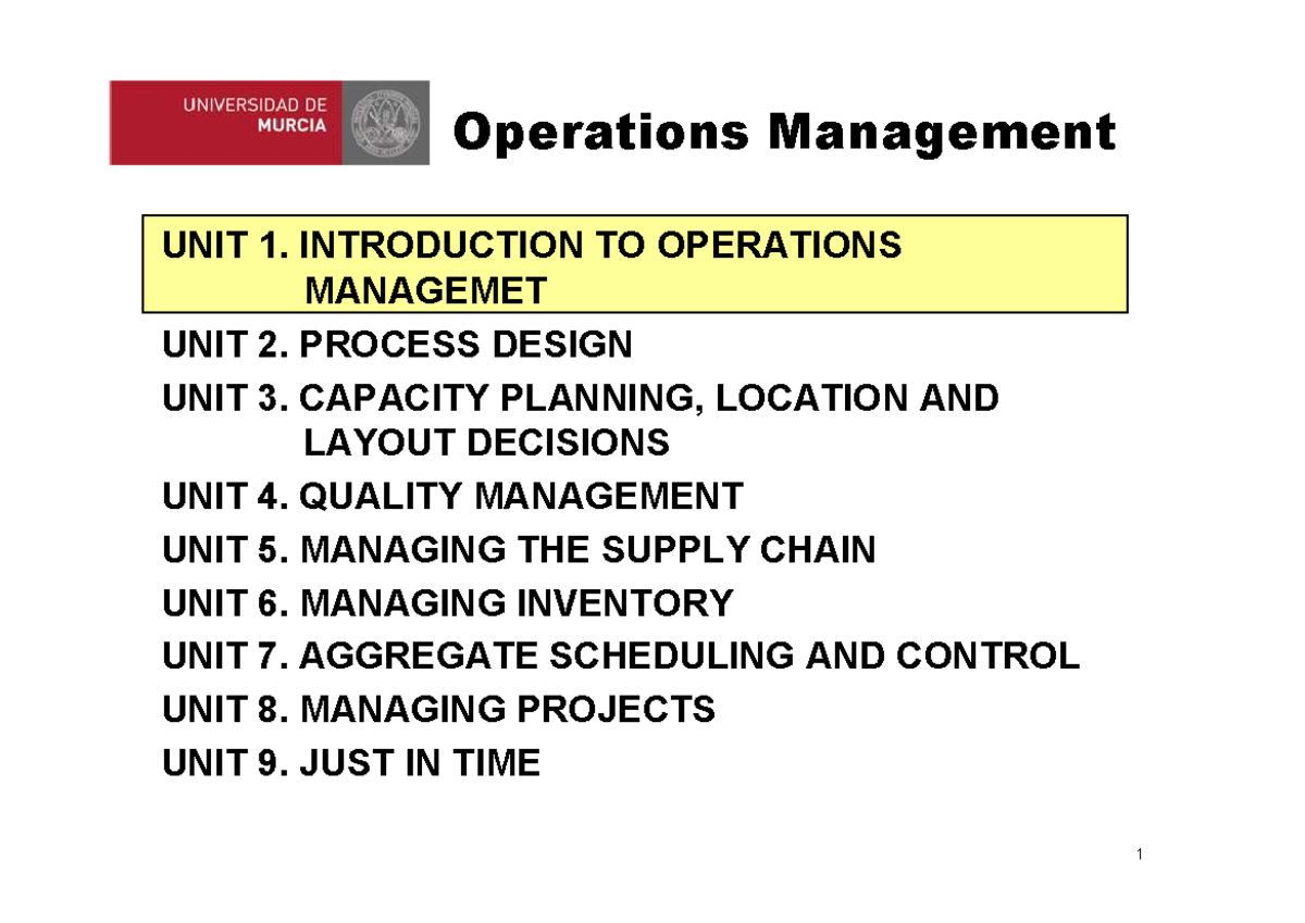 Unit 1 Operations Management - Operations Management UNIT 1. INTRODUCTION TO OPERATIONS ...
