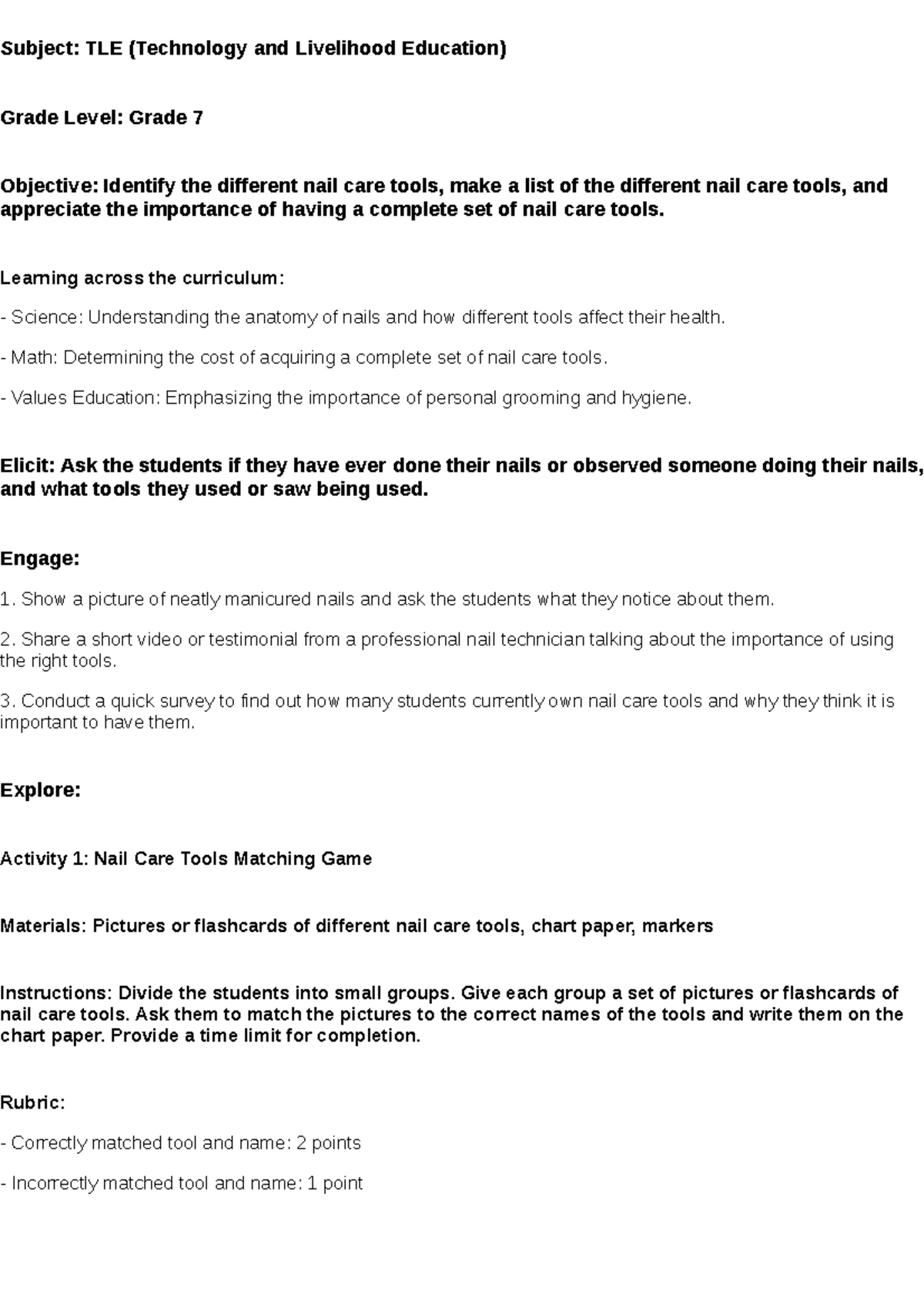 Lesson plan - Hhhhh - Subject: TLE (Technology and Livelihood Education ...