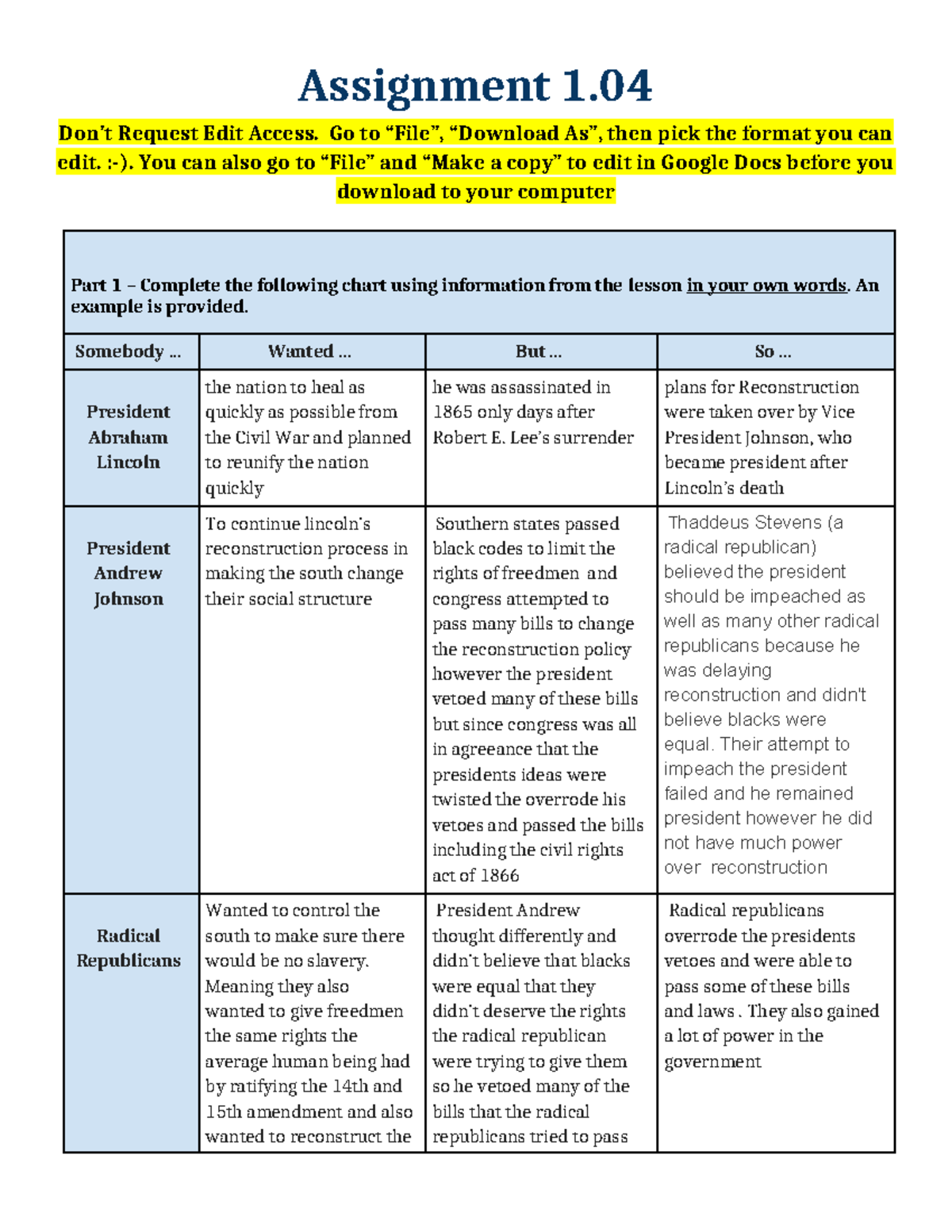 lesson 1.04 assesment - Assignment 1. Don’t Request Edit Access. Go to “File”, “Download As ...