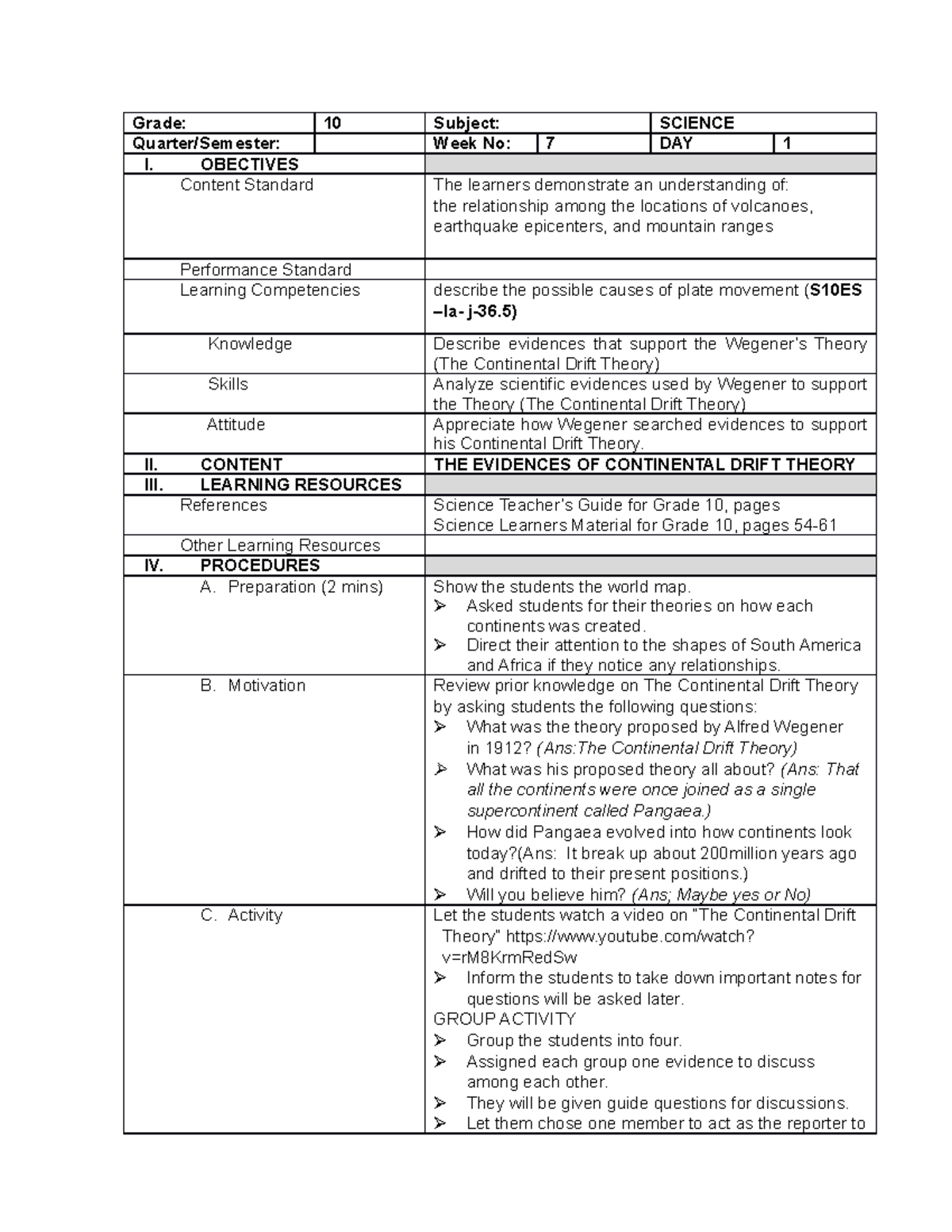G10 1QTR WEEK7 DAY1 Barredo - Grade: 10 Subject: SCIENCE Quarter ...