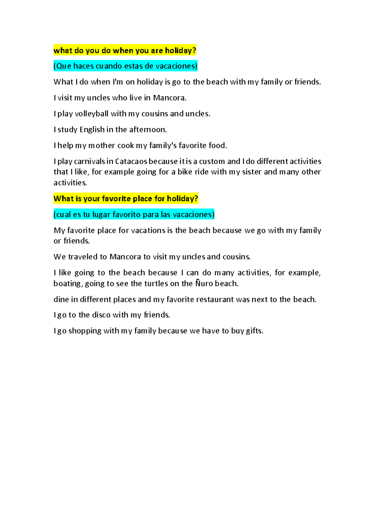 Speaking Task - what do you do when you are holiday? (Que haces cuando ...