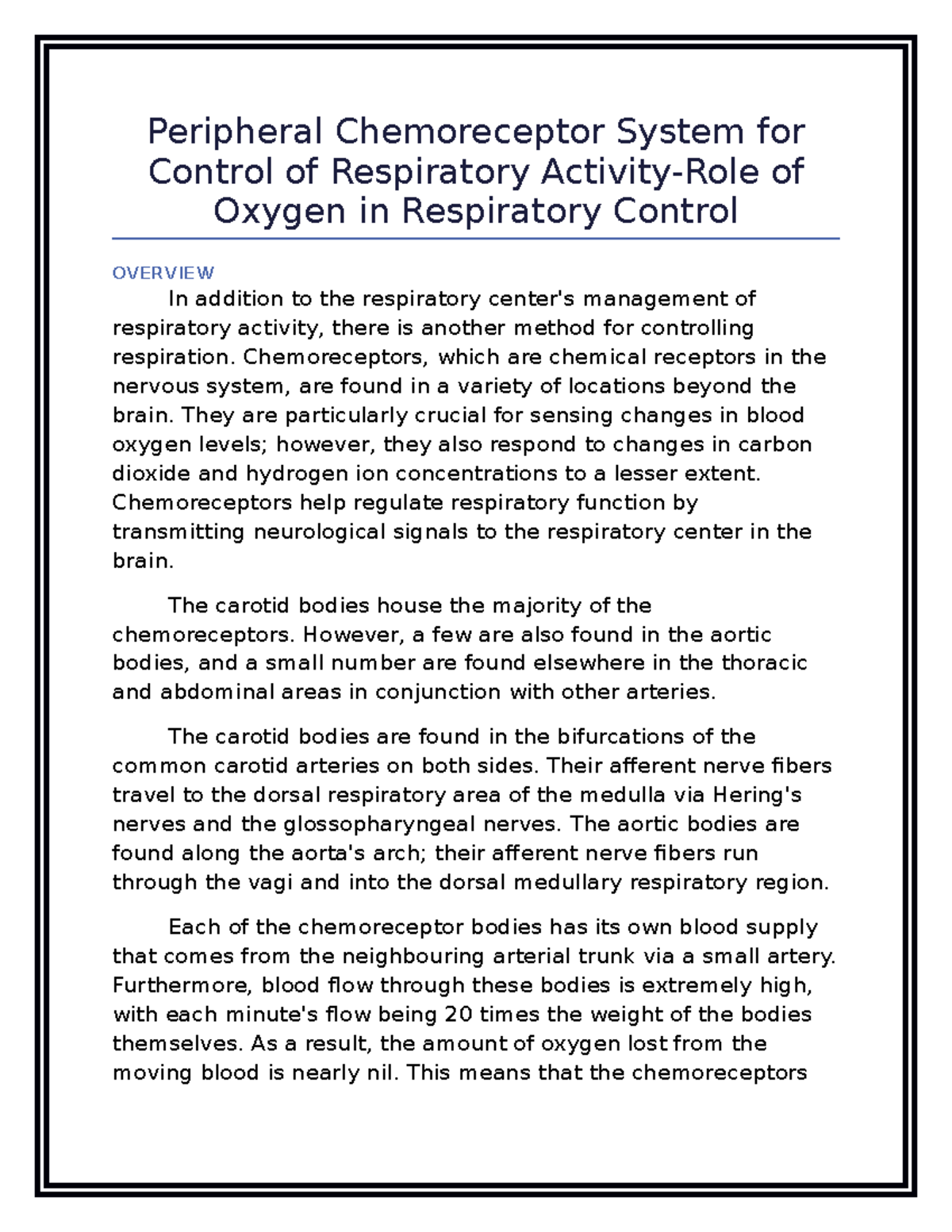 Overview OF THE Peripheral Chemoreceptor System for Control of ...
