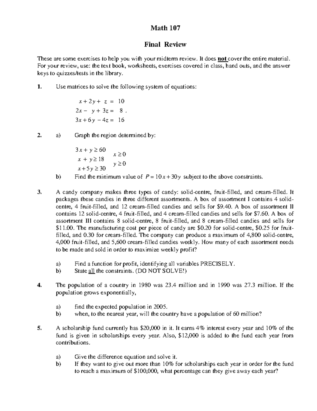 M1070 Final Review - Math Practice Question - Math 107 Final Review ...