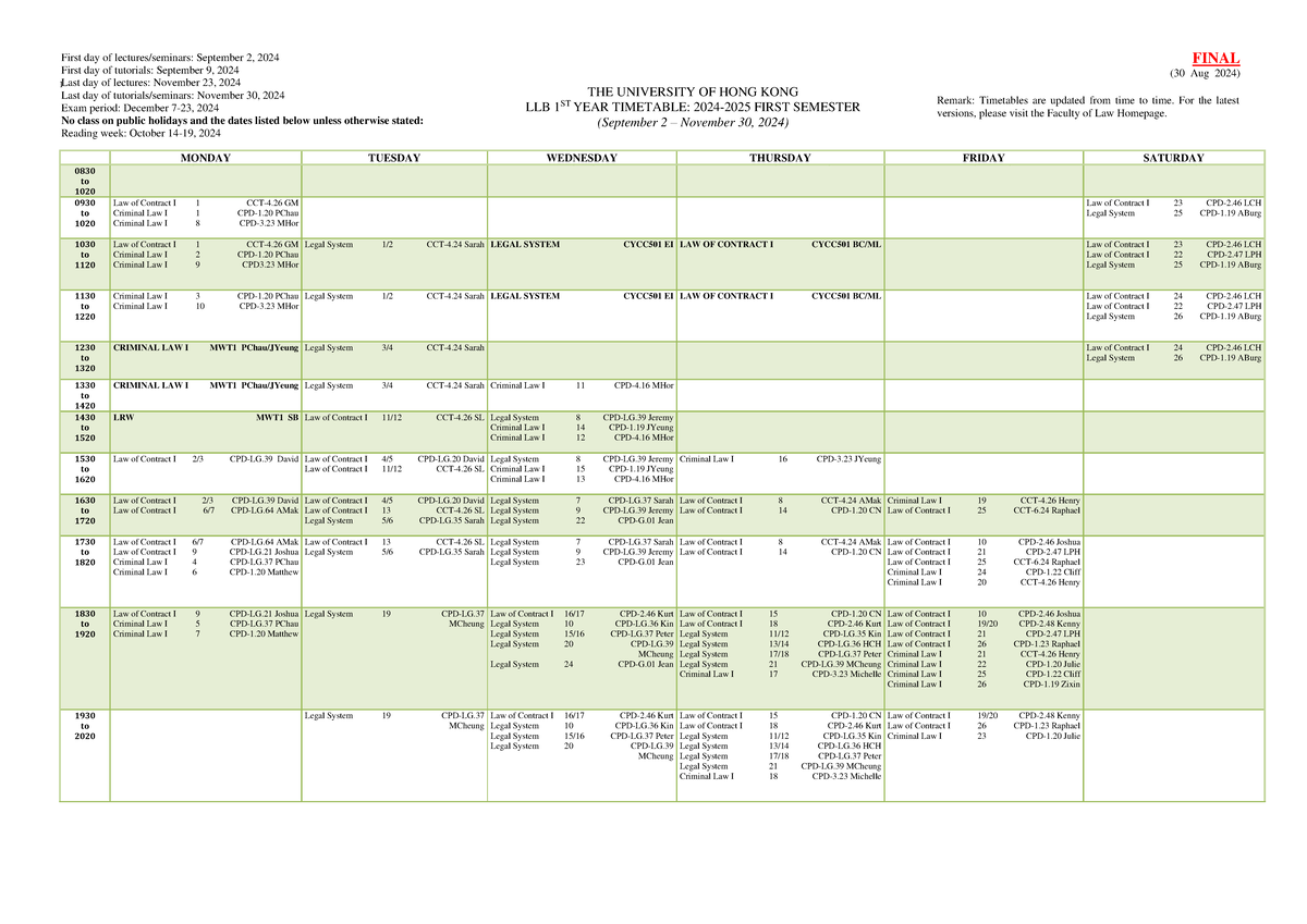 LLB 1st sem tutorial timetable - 1 MONDAY TUESDAY WEDNESDAY THURSDAY ...
