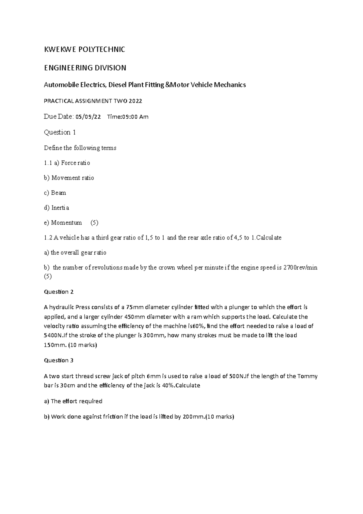 Practical 2 - ESD - KWEKWE POLYTECHNIC ENGINEERING DIVISION Automobile Electrics, Diesel Plant ...