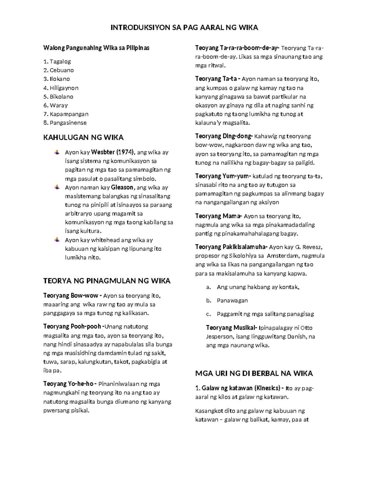 Teorya ng WIKA - INTRODUKSIYON SA PAG AARAL NG WIKA Walong Pangunahing ...