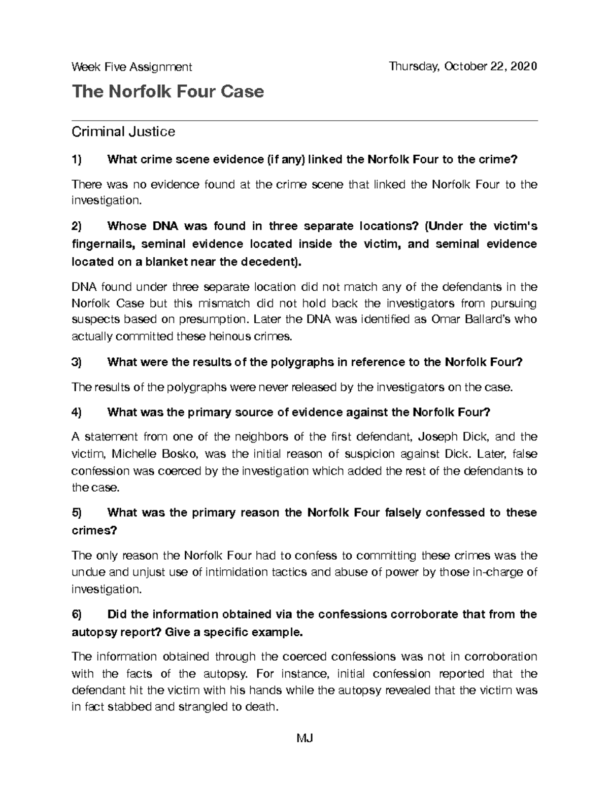 Week Five Assignment - The Norfolk Four Case - CJ 202 - Bellevue ...