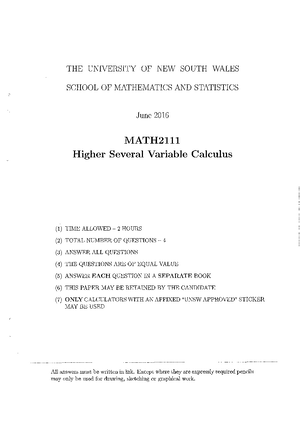 Tutorial Exercises Set 1 - MATH2111 Higher Several Variable Calculus 1 ...